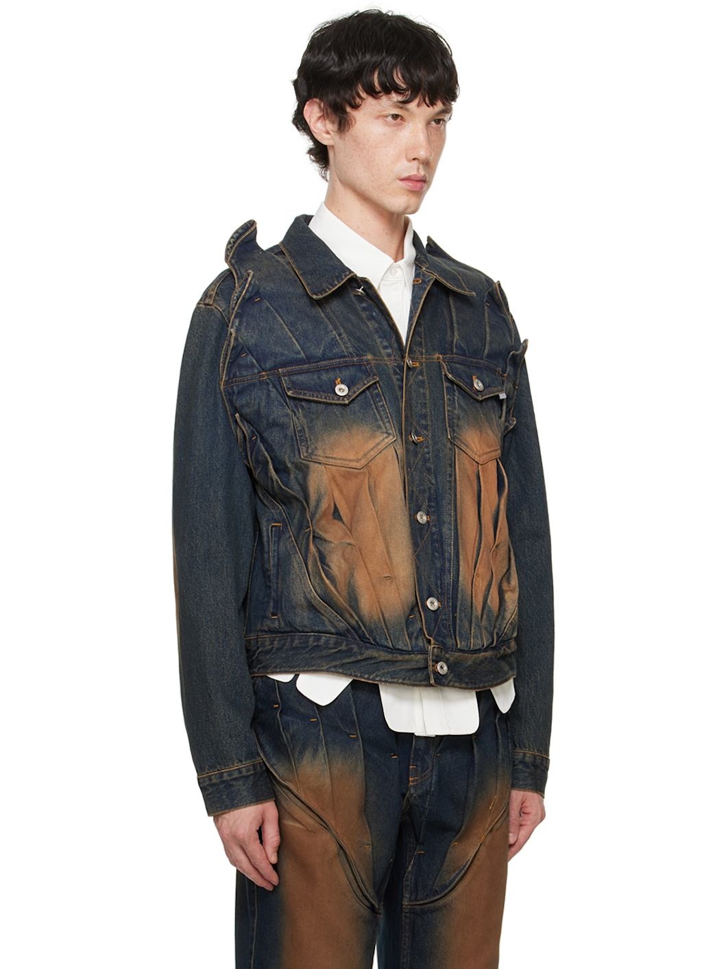 JUNTAE KIM Blue Gathered Denim Jacket | REVERSIBLE