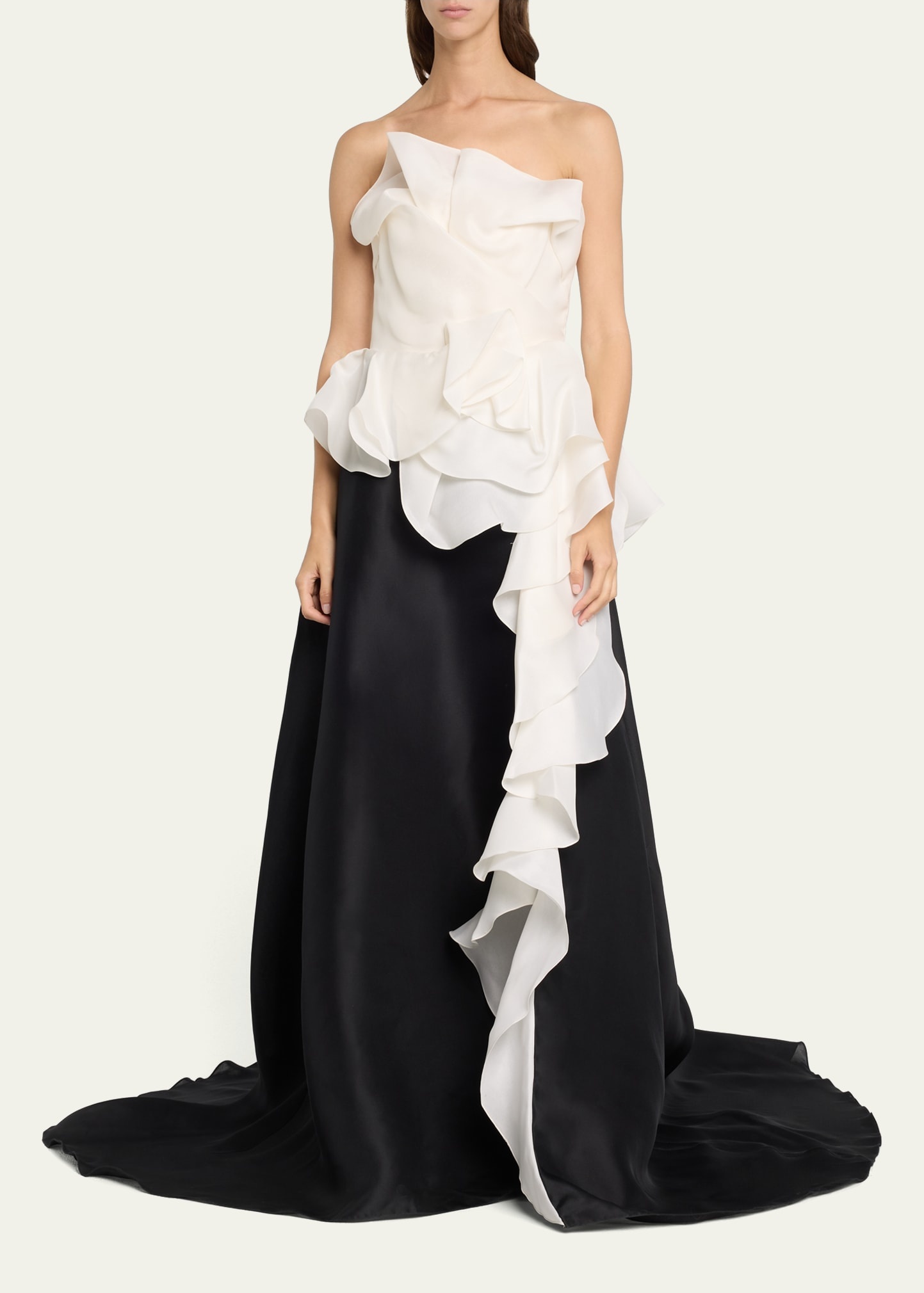 Marchesa Colorblock Cascading Ruffle Strapless Silk Gown | REVERSIBLE