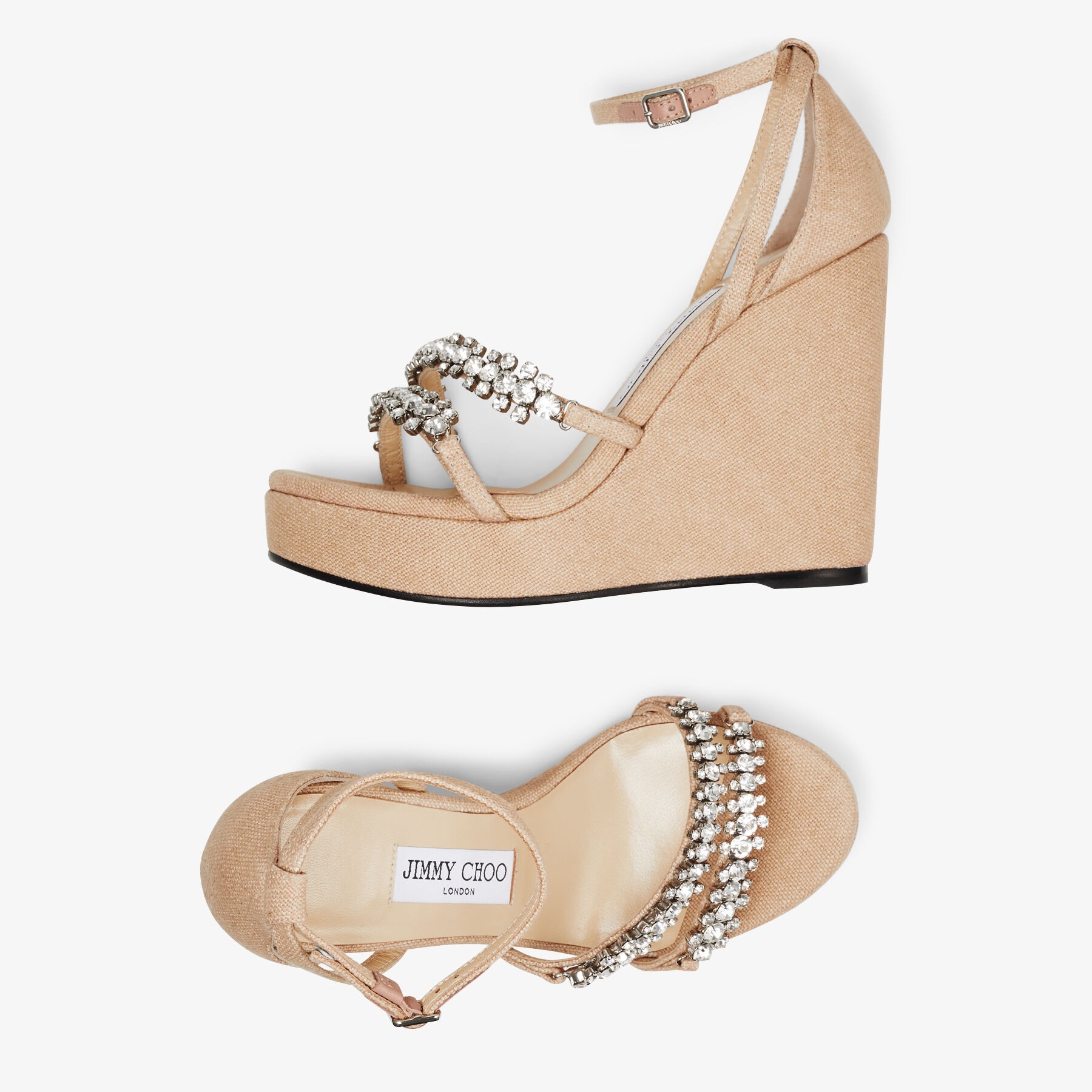 JIMMY CHOO Bing Wedge 120 Ballet Pink Linen Wedges with Crystal Straps ...