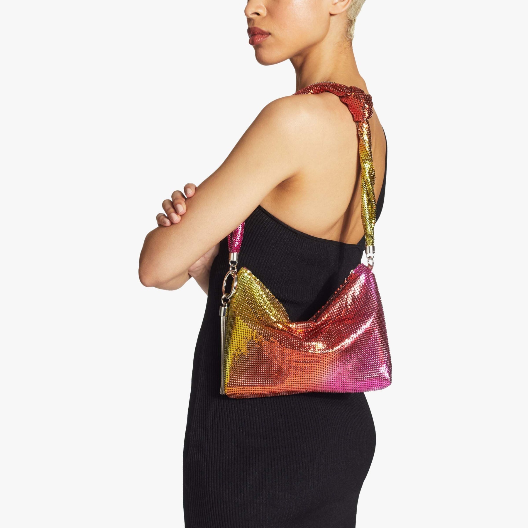 JIMMY CHOO Callie Shoulder Berry Red and Amber Orange Metal Mesh ...