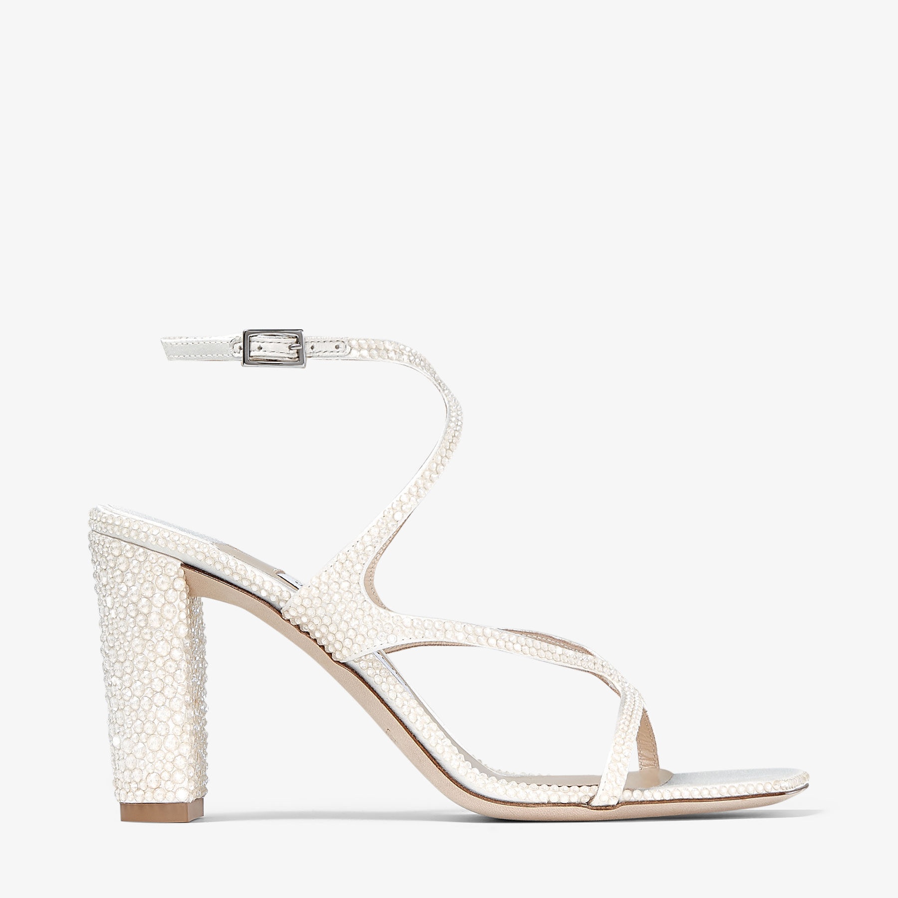 JIMMY CHOO Azie 85 Ivory Satin Sandals with Crystals | REVERSIBLE