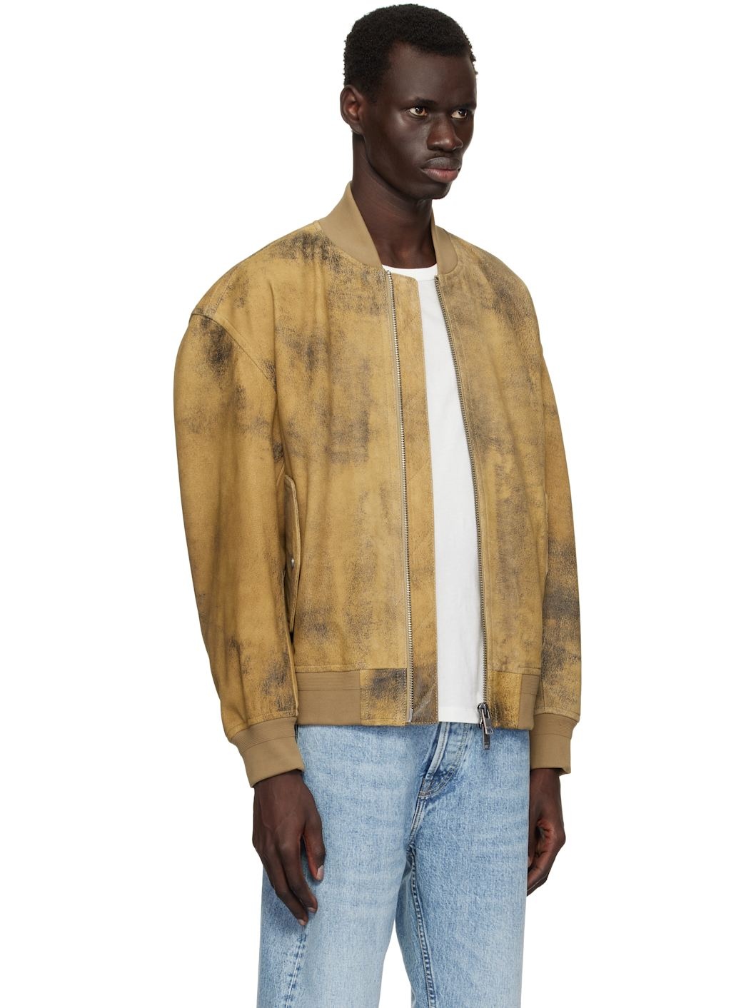 BOSS Tan Distressed Suede Bomber Jacket | REVERSIBLE