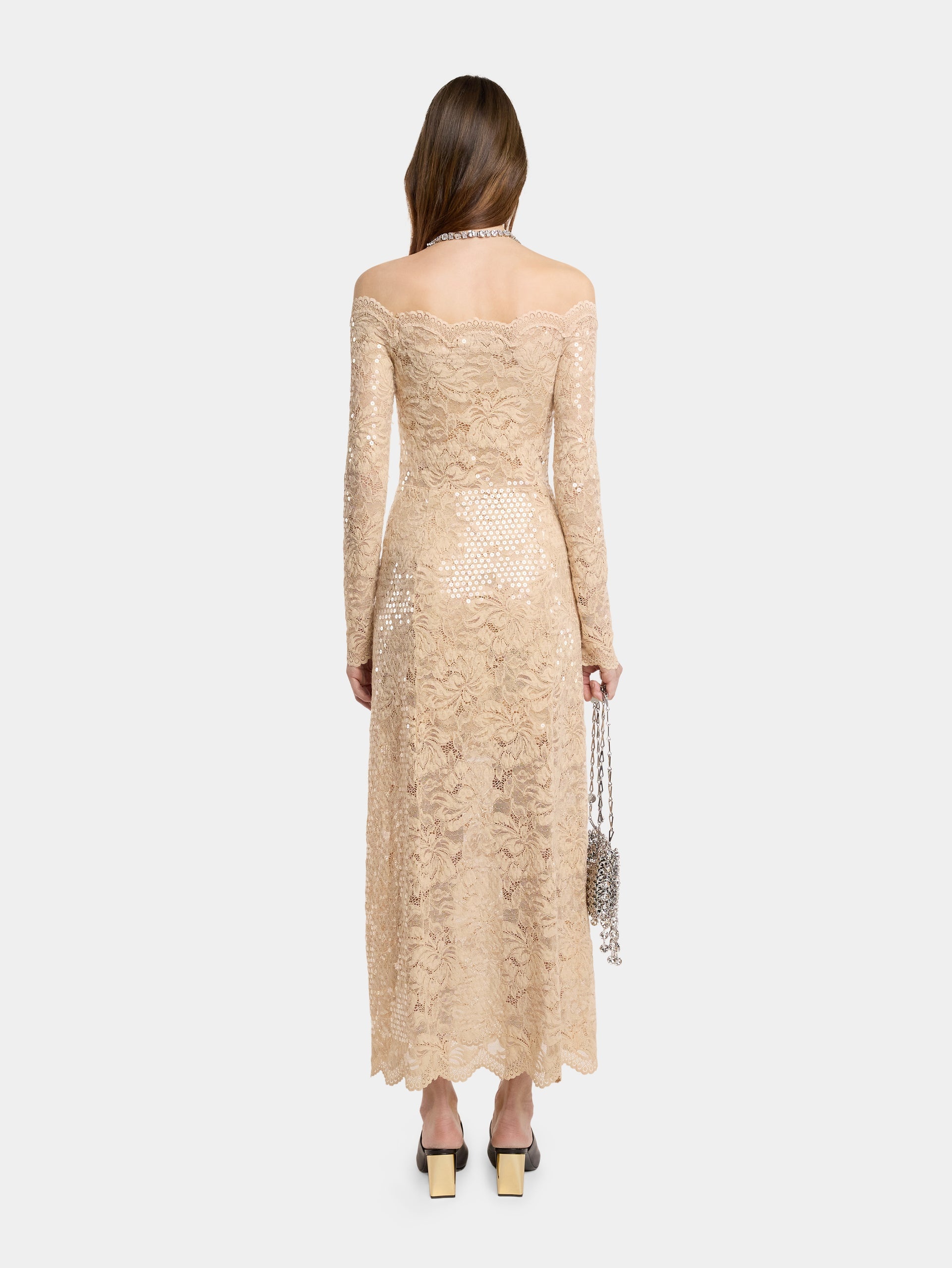 Paco Rabanne LONG DRESS IN SEQUIN-EMBROIDERED LACE | REVERSIBLE