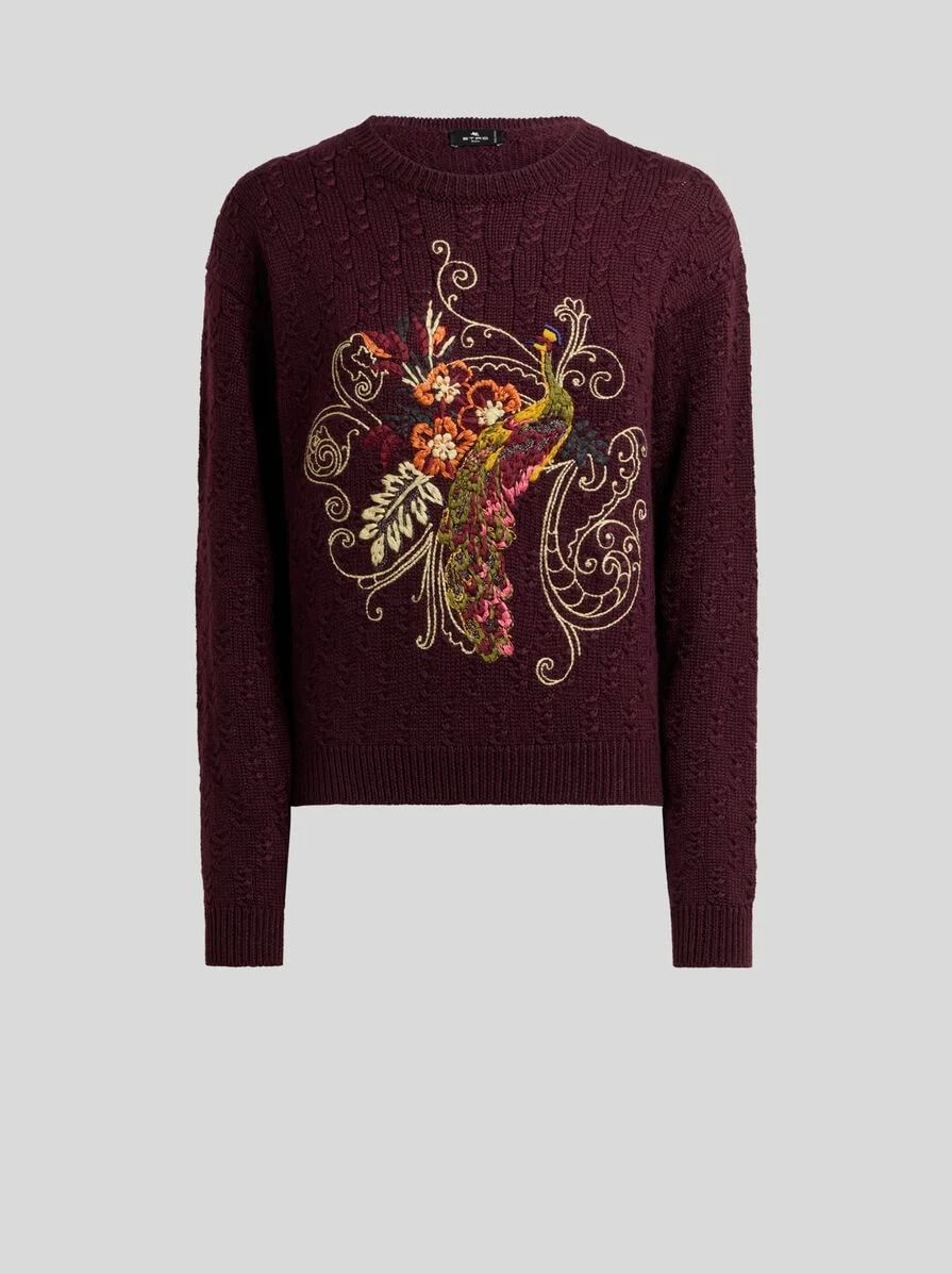 Etro CROPPED CABLE-KNIT CASHMERE-BLEND SWEATER WITH PEACOCK EMBROIDERY ...