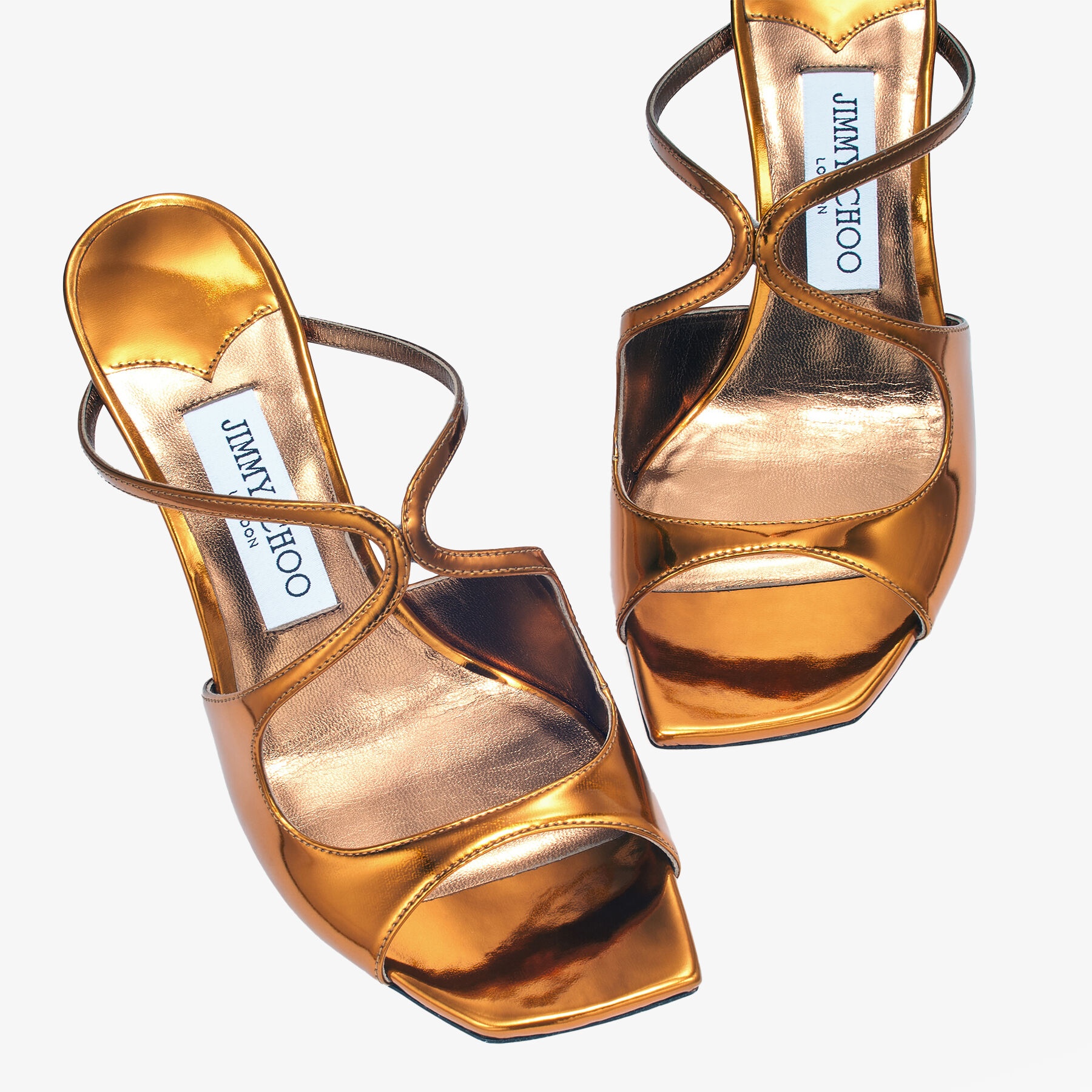 JIMMY CHOO Anise 75 Tan Liquid Metal Leather Mules | REVERSIBLE