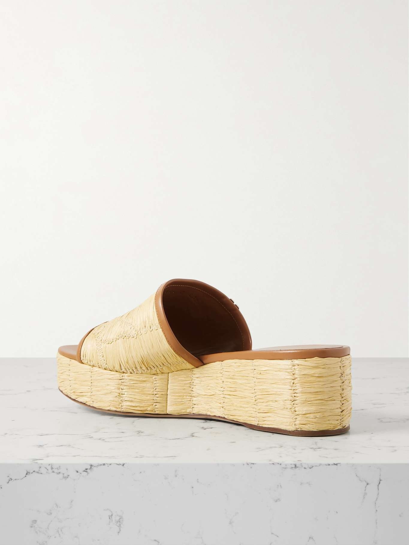 Valentino Raflower 45 leather-trimmed raffia platform slides | REVERSIBLE