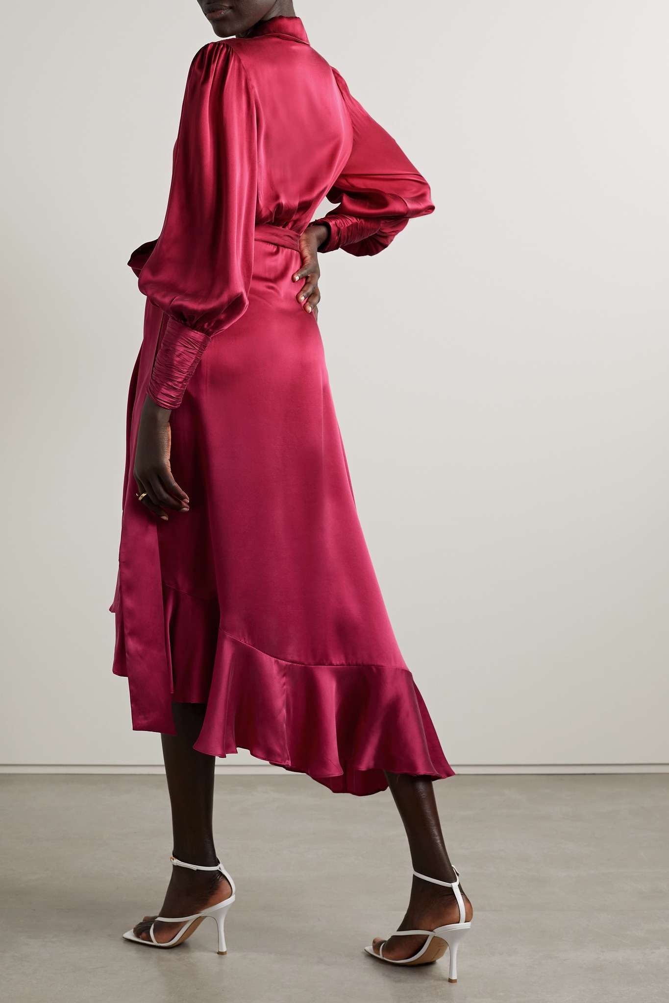 Zimmermann Asymmetric Ruffled Silk Satin Midi Wrap Dress Reversible