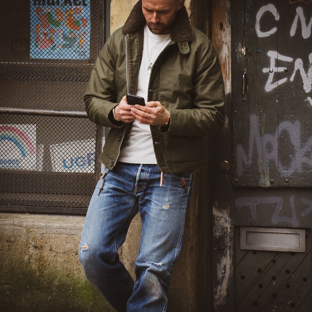 Iron Heart IHM-37-ODG Oiled Whipcord N1 Deck Jacket - Olive | REVERSIBLE