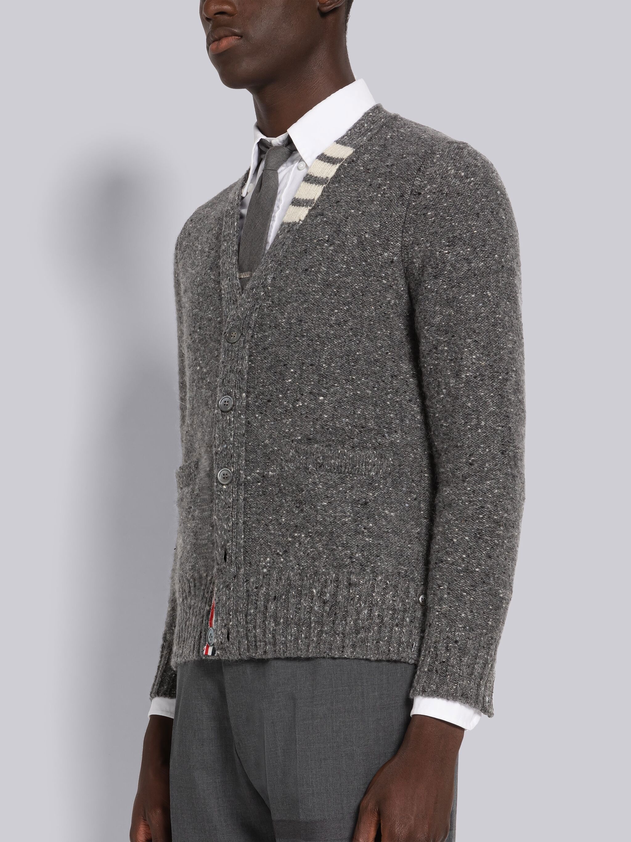 Thom Browne REVERSE JERSEY STITCH DONEGAL 4-BAR V-NECK CARDIGAN ...