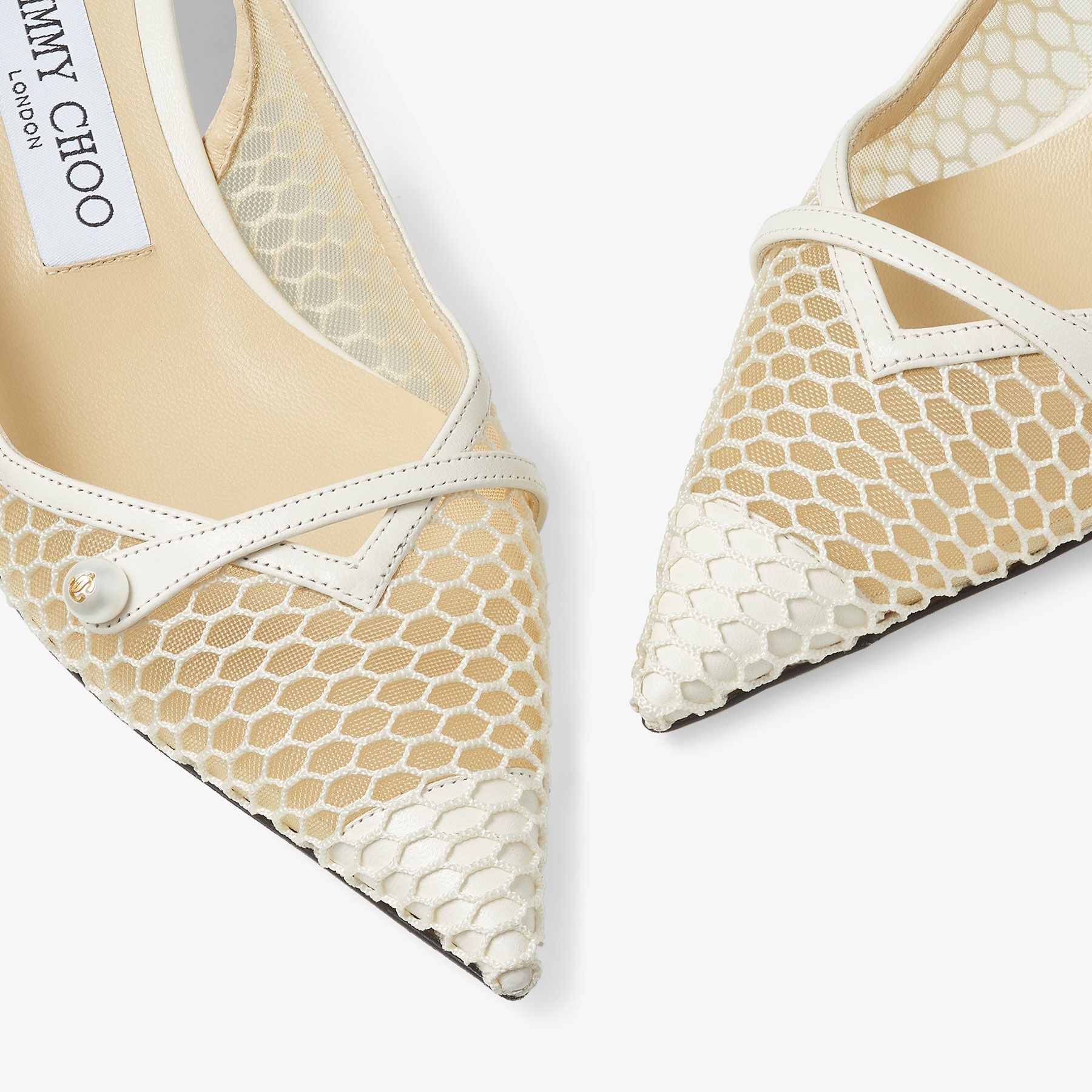 JIMMY CHOO Amita 45 White Fishnet Mesh and Latte Nappa Slingback Pumps ...