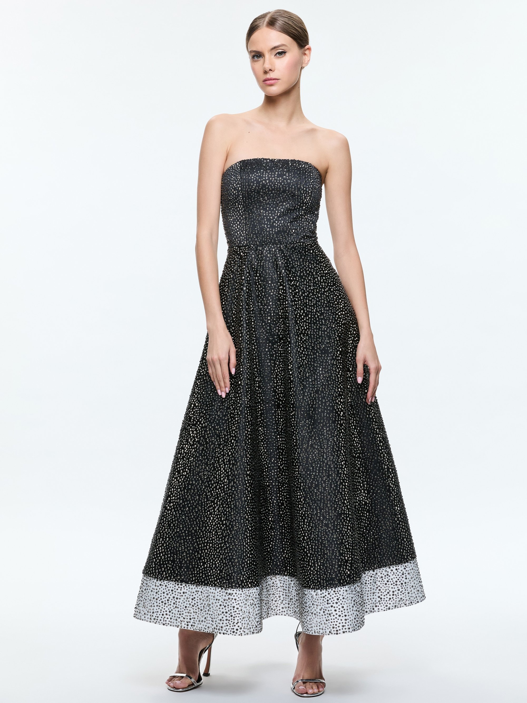 Alice + Olivia BIJOU CRYSTAL STRAPLESS MIDI GOWN | REVERSIBLE