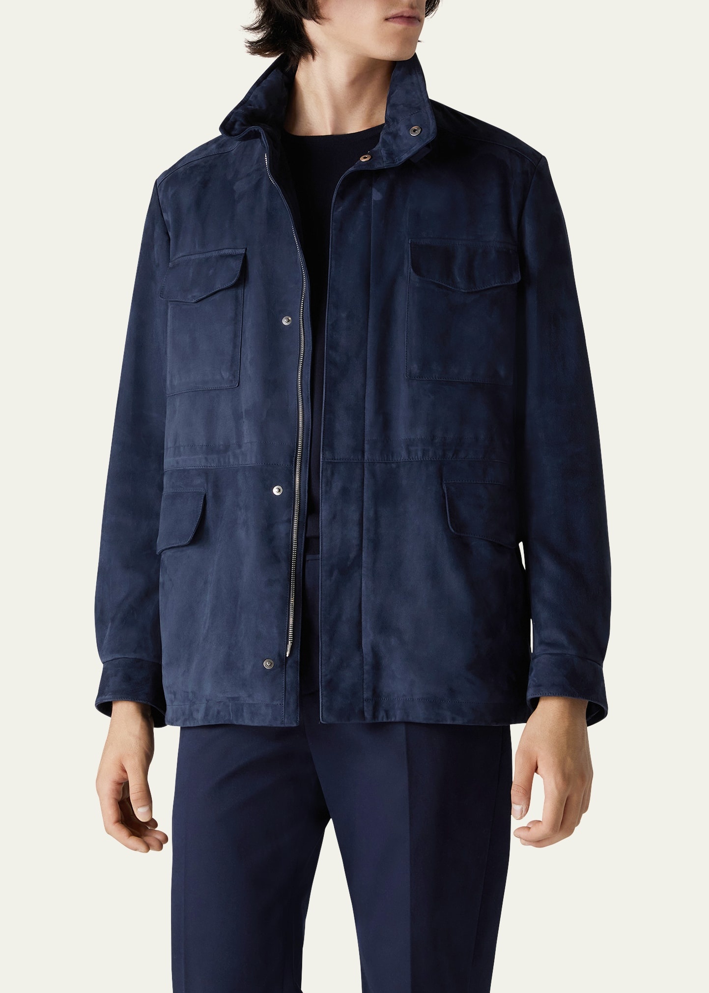 Loro Piana Men's Suede Concealed-Zip Field Jacket | REVERSIBLE