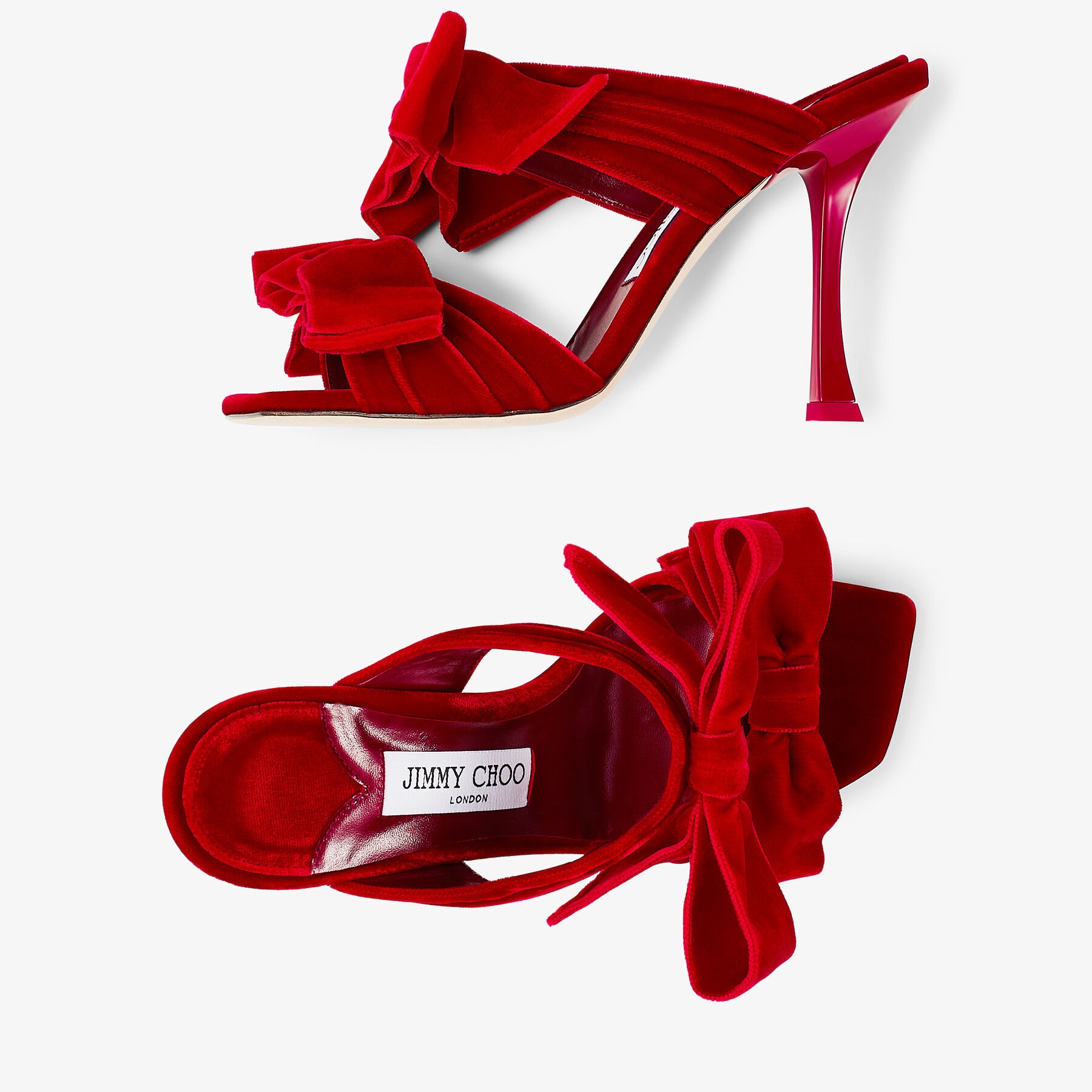 JIMMY CHOO Flaca Sandal 100 Red Velvet Sandal with Bow | REVERSIBLE