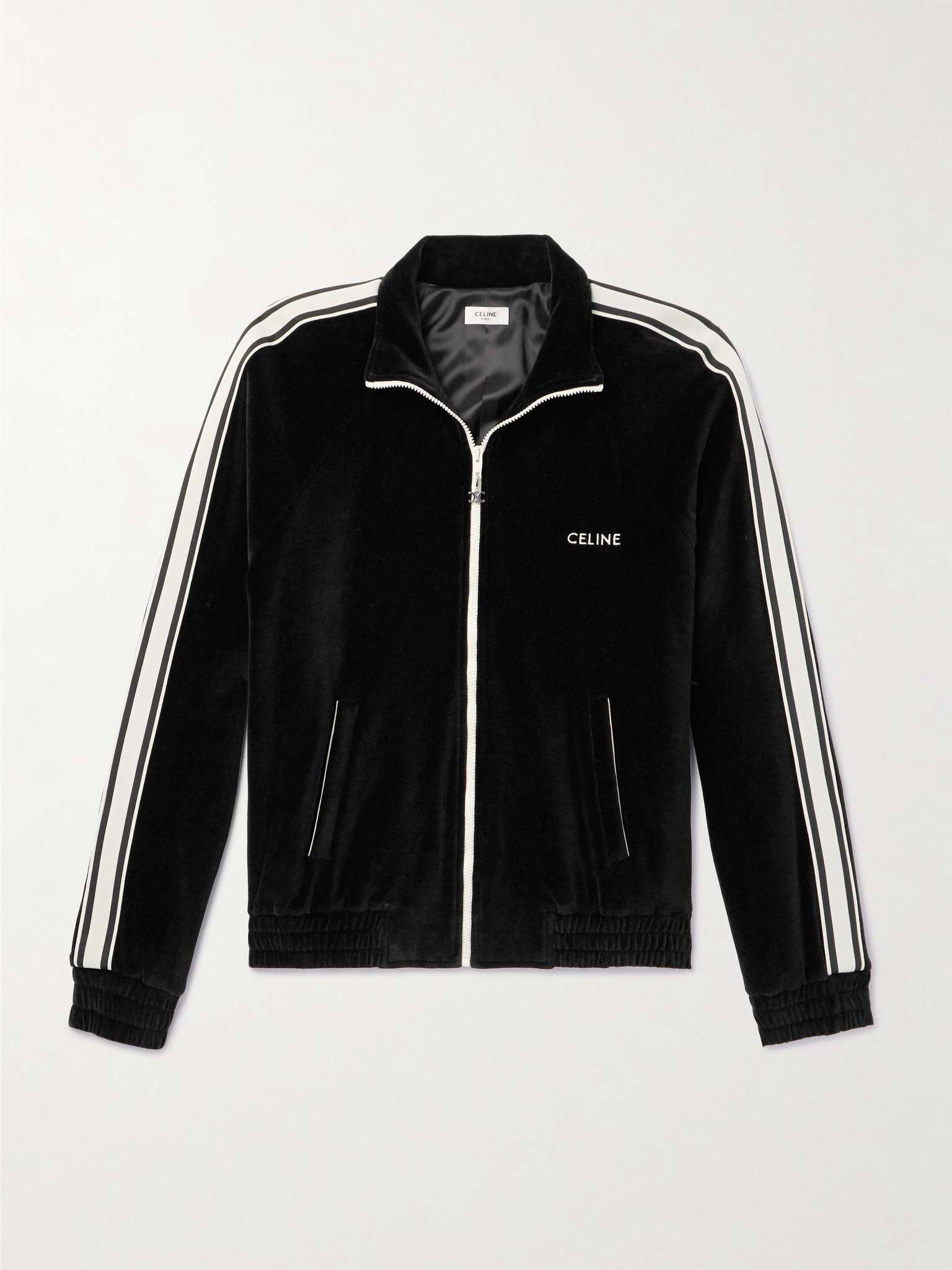 CELINE Logo-Embroidered Striped Cotton-Blend Velvet Track CELINE Logo-Embroidered Striped Cotton-Blend Velvet Track