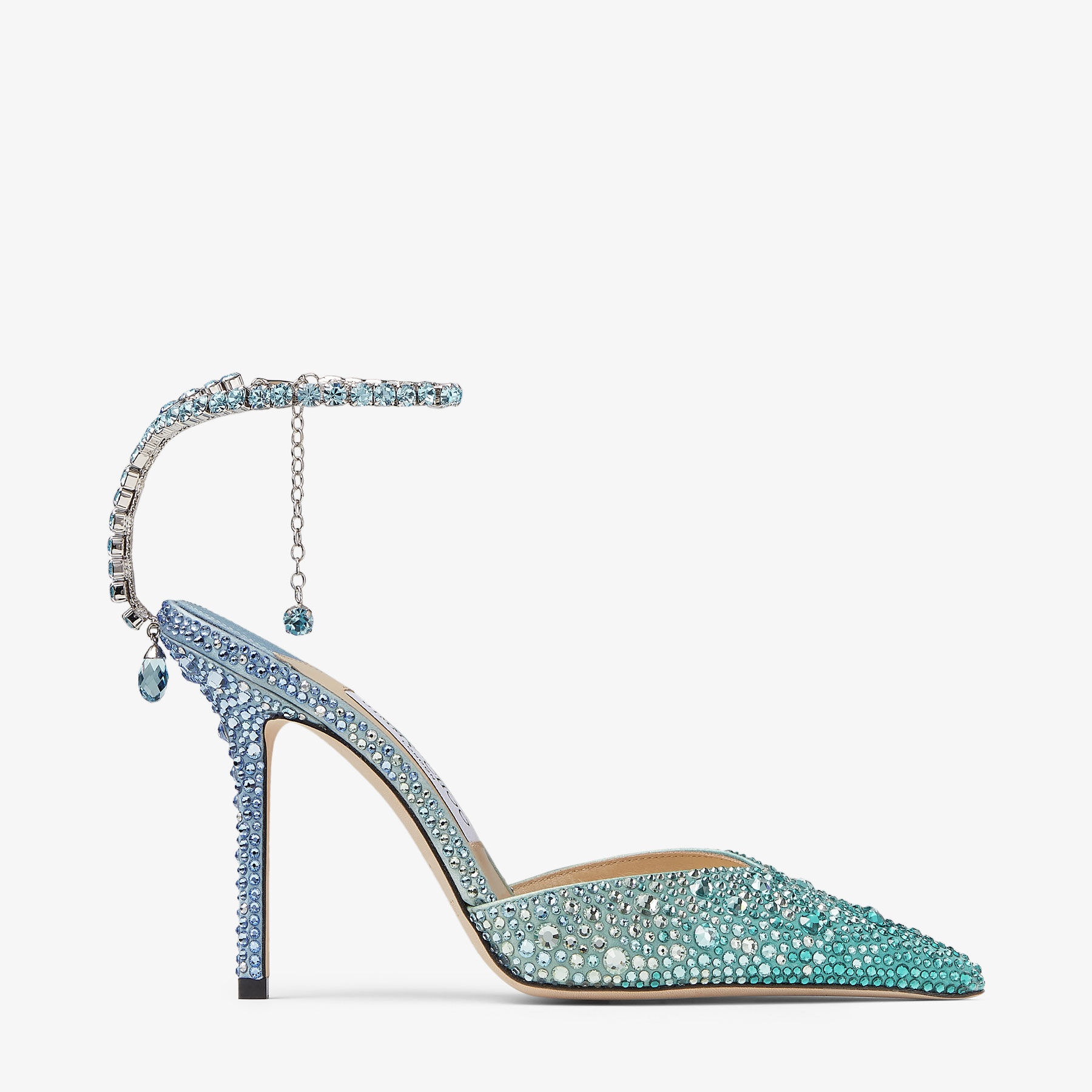 JIMMY CHOO Saeda 100 Peacock Satin Pumps with Crystal Embellishment ...