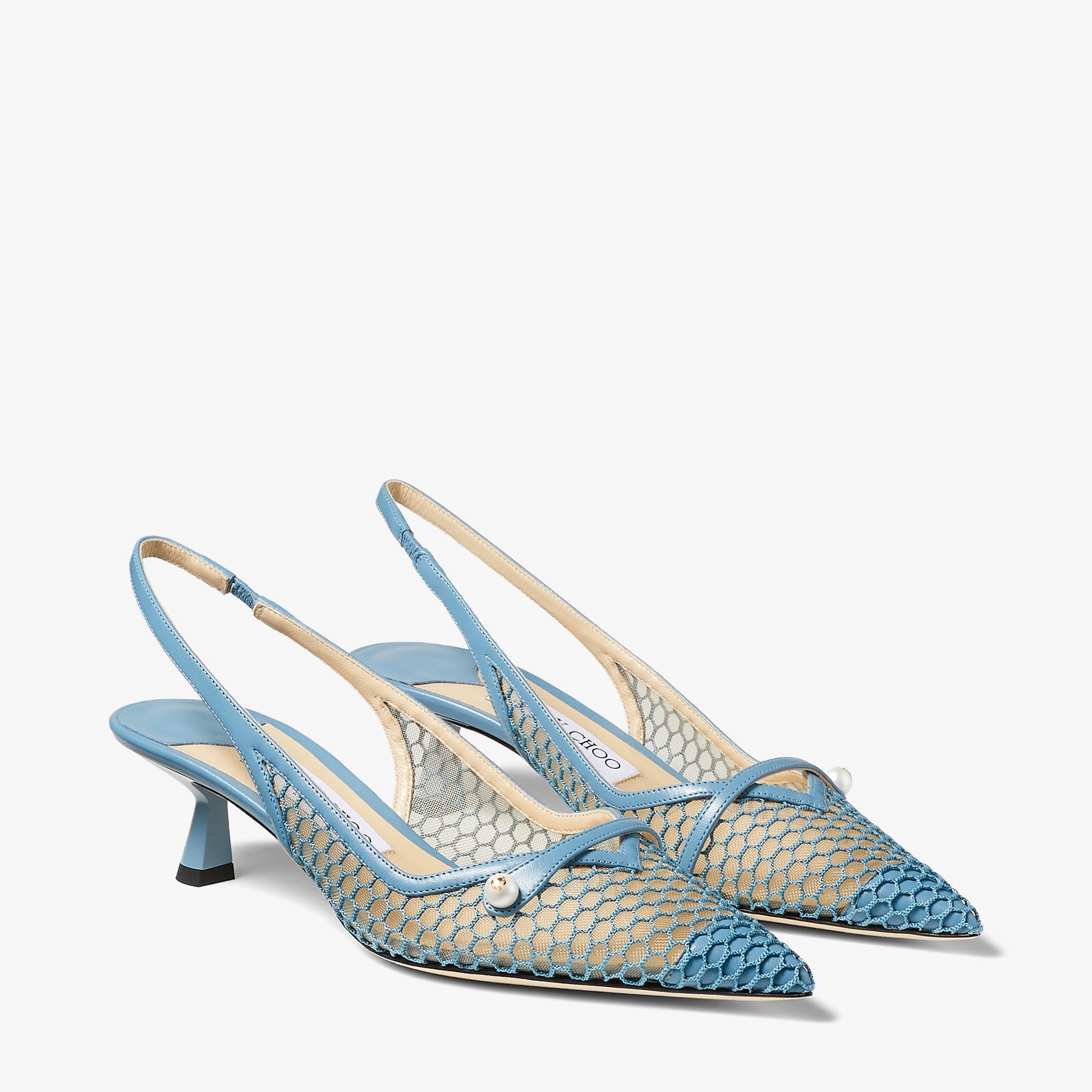 JIMMY CHOO Amita 45 Smoky Blue Fishnet Mesh and Nappa Slingback Pumps ...
