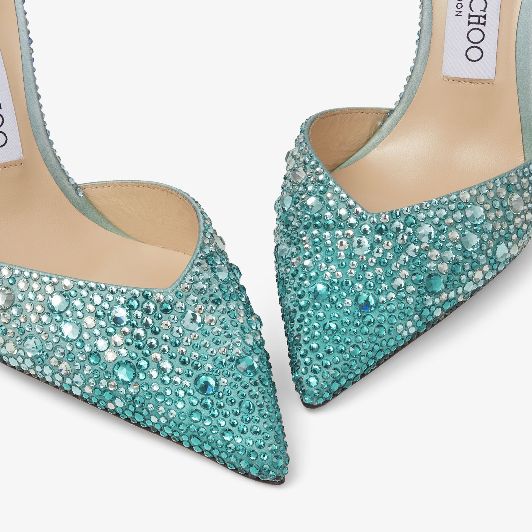 JIMMY CHOO Saeda 100 Peacock Satin Pumps with Crystal Embellishment ...