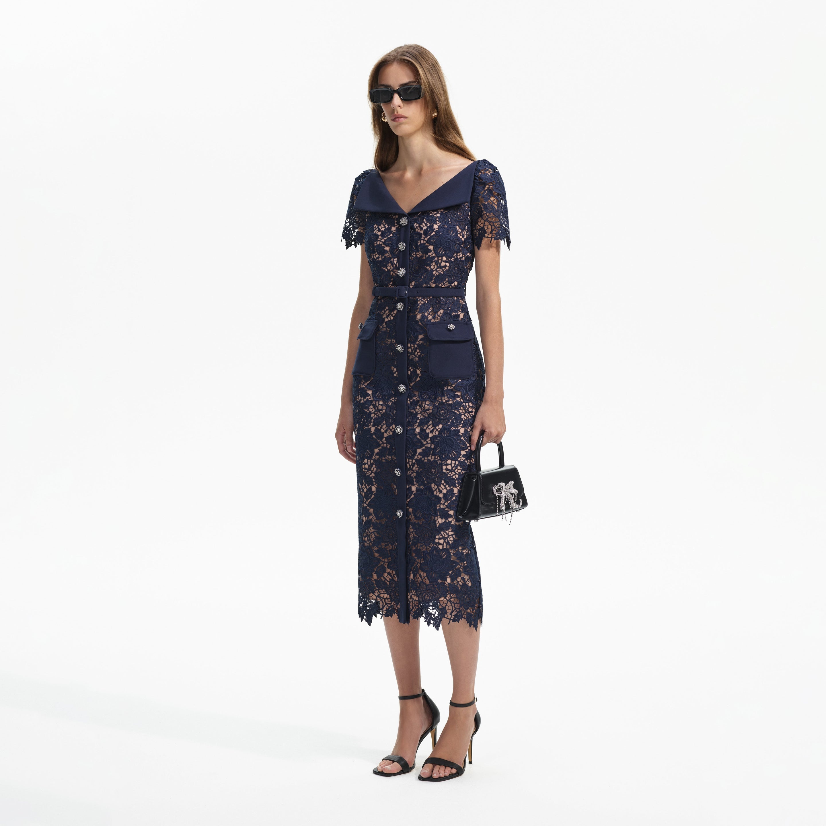 self-portrait Navy Lace Open Neck Midi Dress | REVERSIBLE