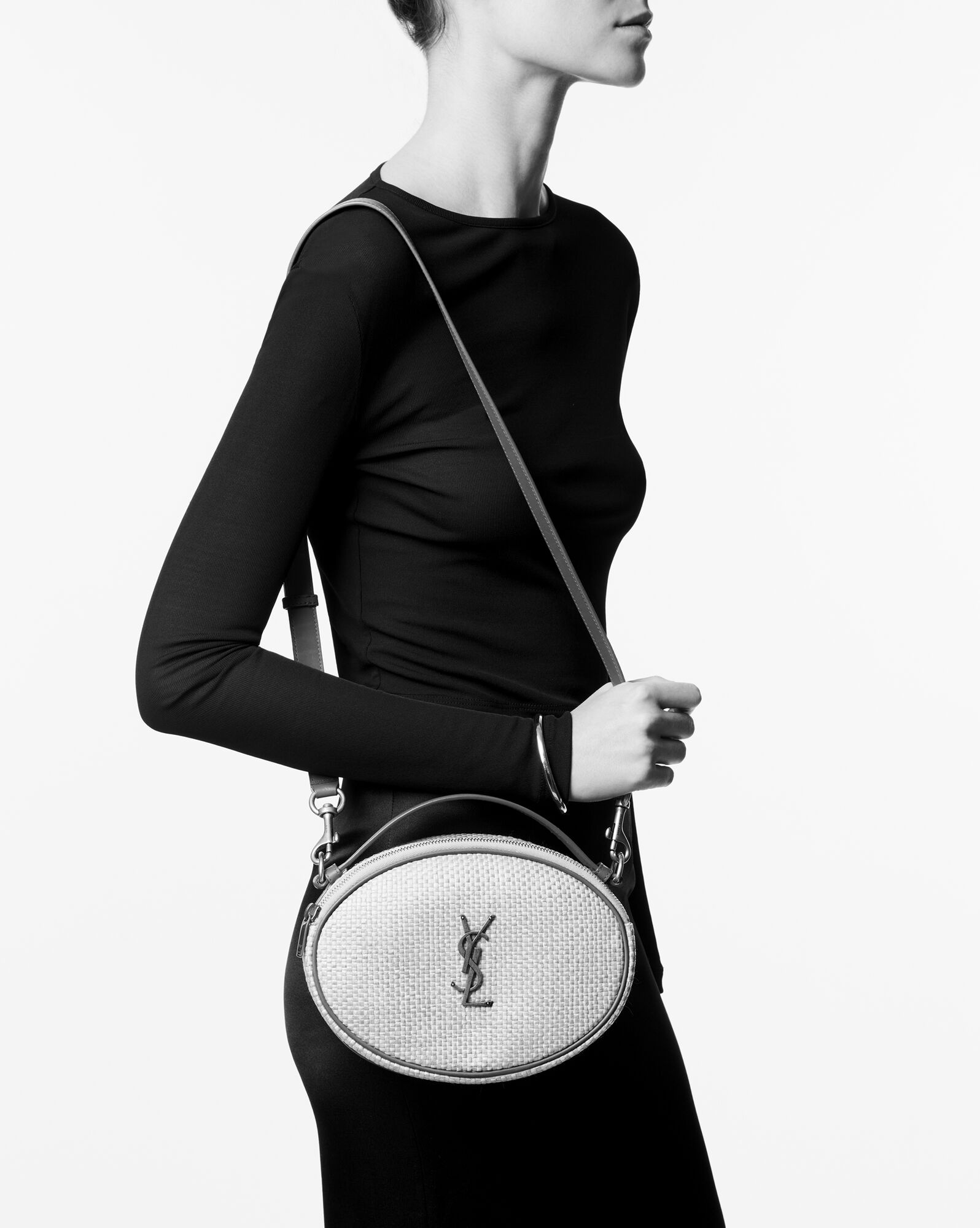 SAINT LAURENT camera bag in raffia and vegetable-tanned leather ...