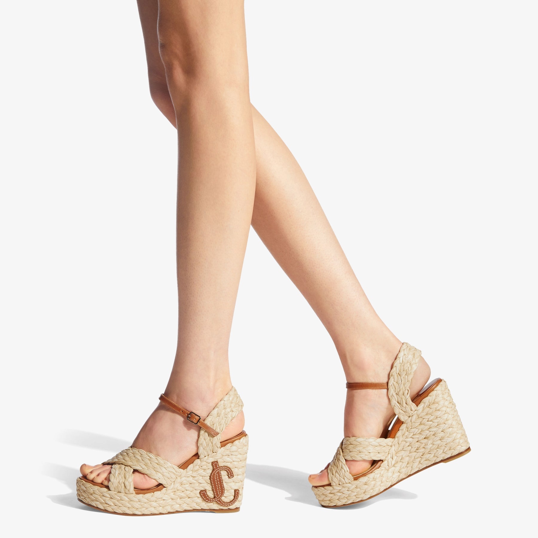 JIMMY CHOO Dellena 100 Natural Raffia Wedges with JC Monogram | REVERSIBLE