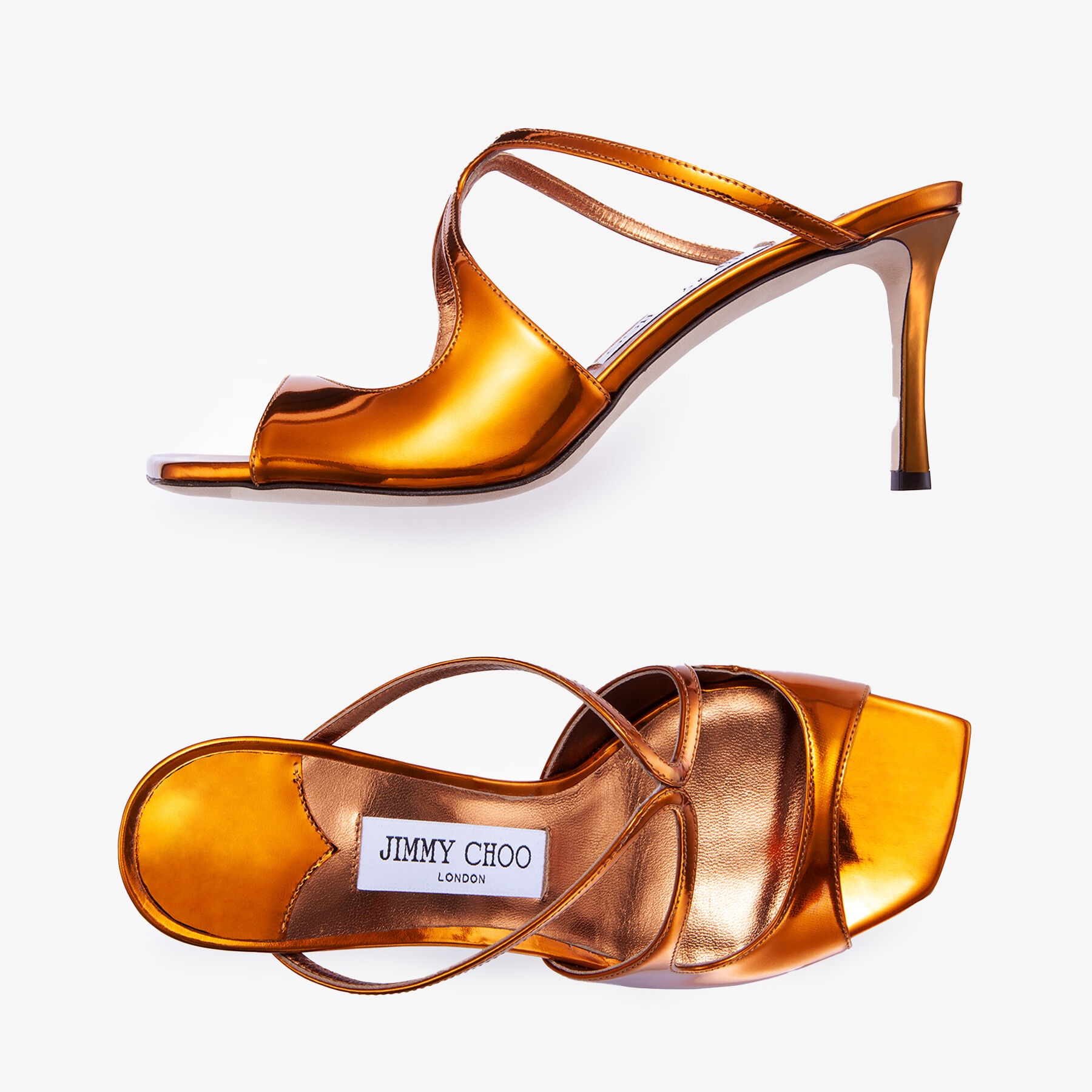 JIMMY CHOO Anise 75 Tan Liquid Metal Leather Mules | REVERSIBLE