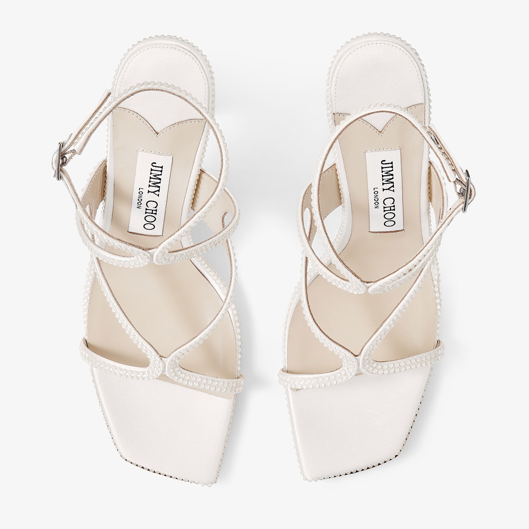 JIMMY CHOO Azie 85 Ivory Satin Sandals with Crystals | REVERSIBLE