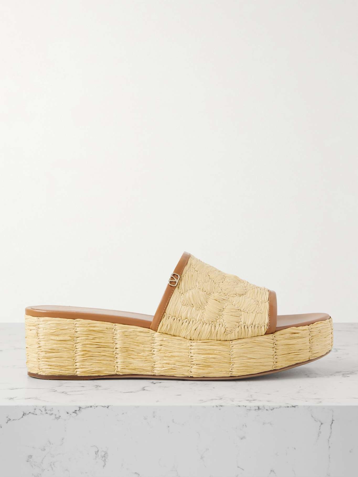Valentino Raflower 45 leather-trimmed raffia platform slides | REVERSIBLE
