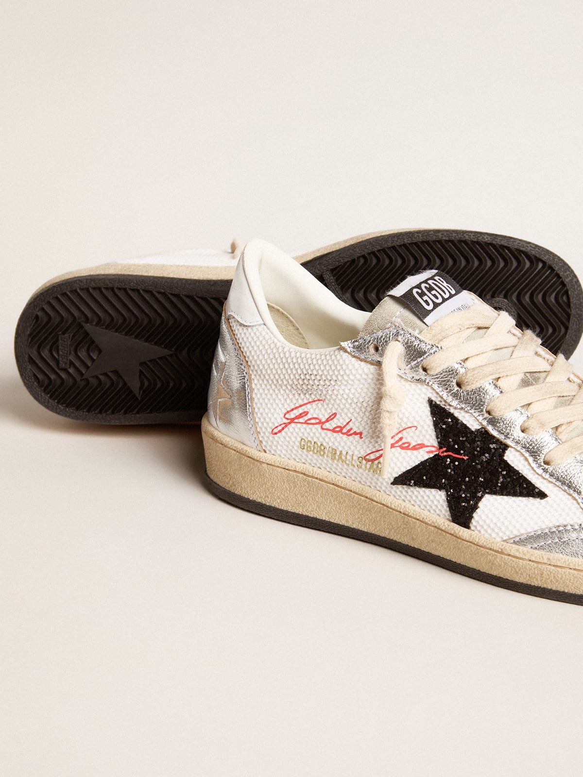 Golden Goose Ball Star in white mesh with black glitter star and silver ...