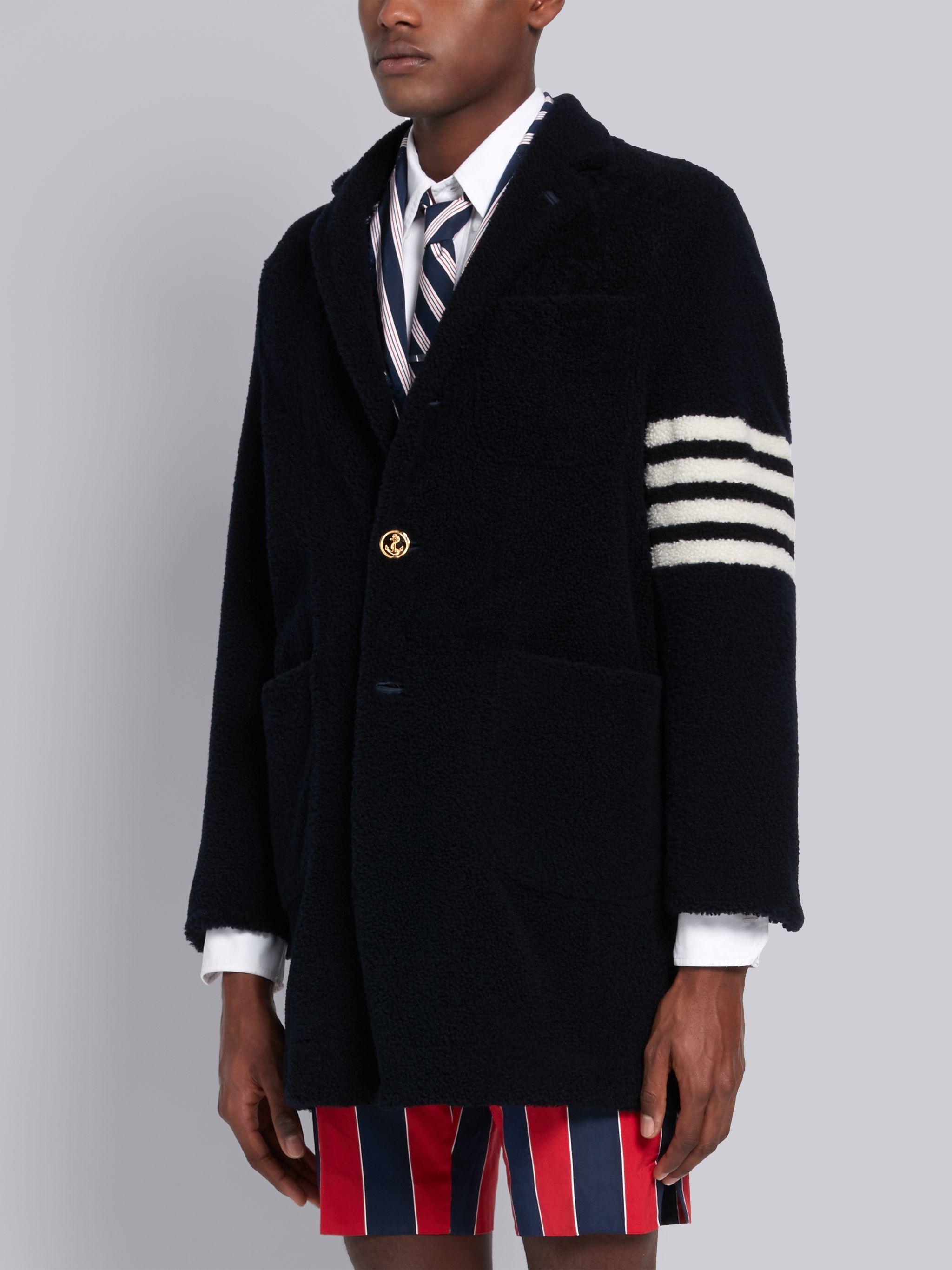 Thom Browne Navy Lightweight Shearling Unconstructed Sack 4-Bar Overcoat | REVERSIBLE