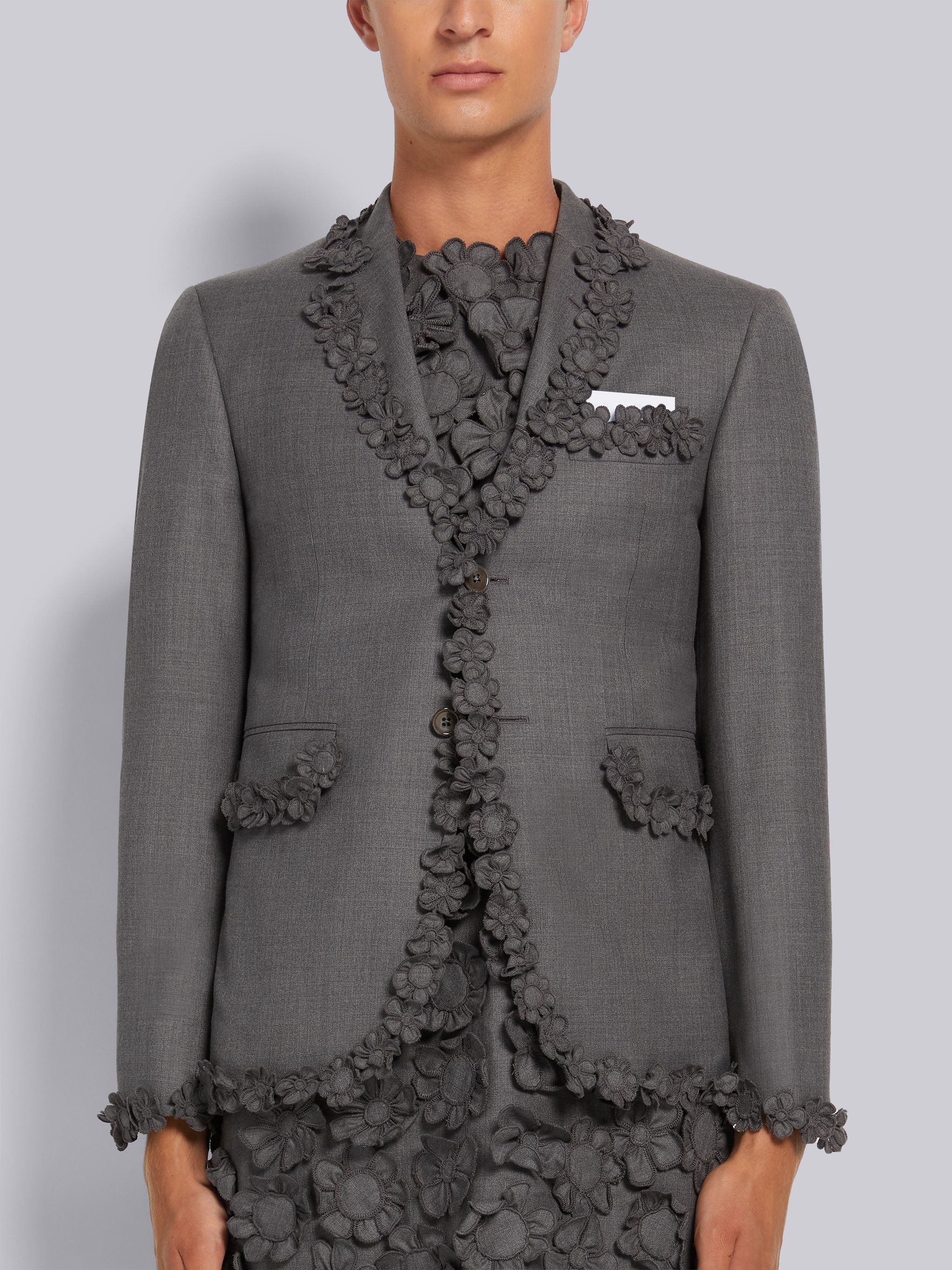 Thom Browne Medium Grey Wool Suiting Floral Embroidery Tipping Classic Sport Coat | REVERSIBLE