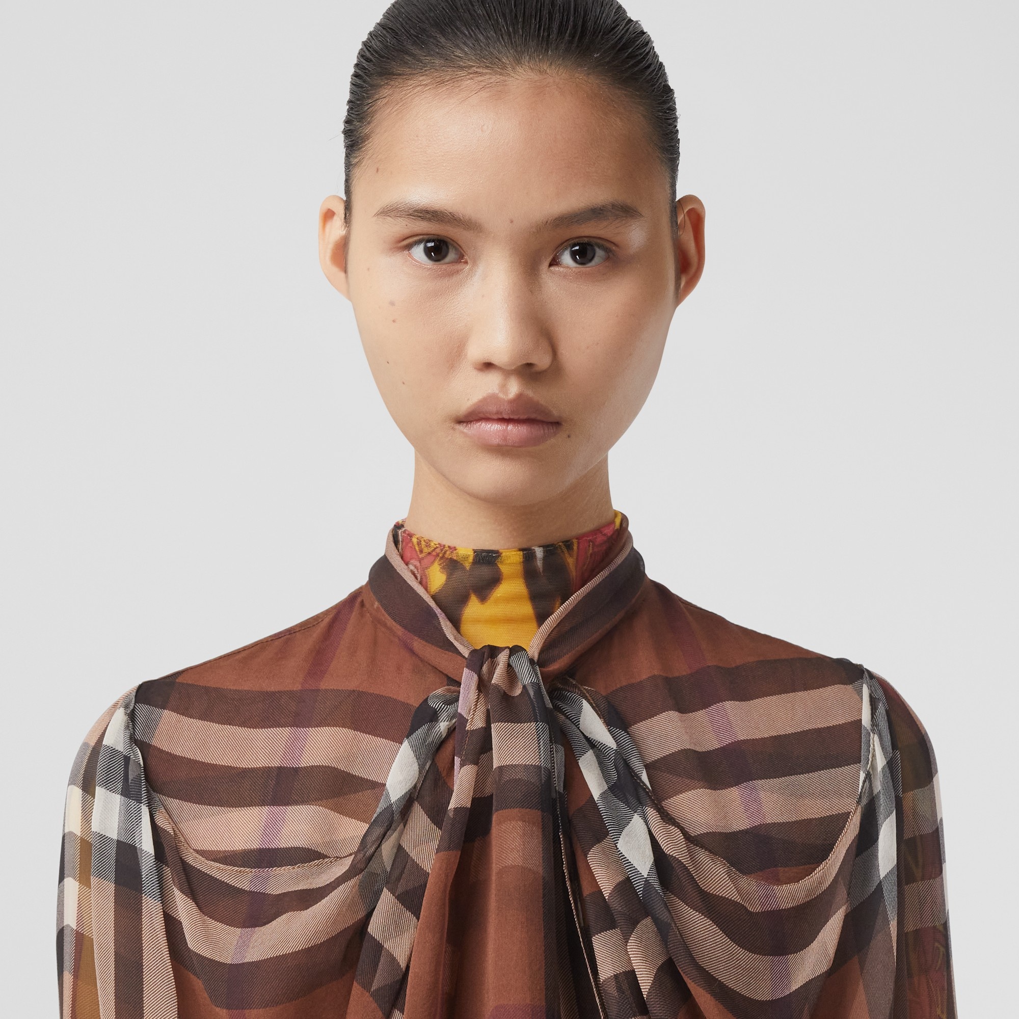Burberry Check Print Silk Chiffon Pussy Bow Blouse Reversible