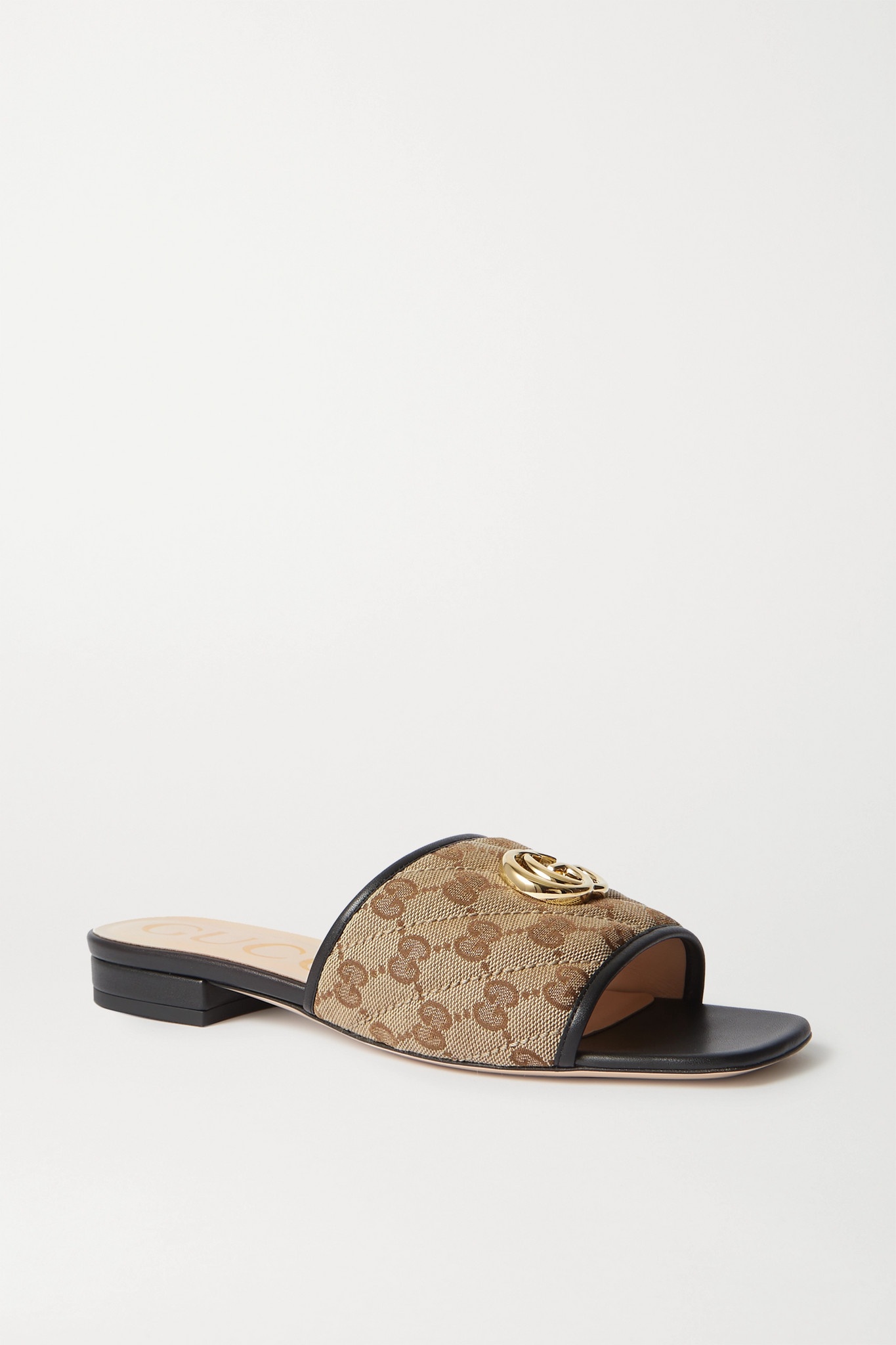 GUCCI Jolie leather-trimmed embellished logo-detailed canvas slides ...