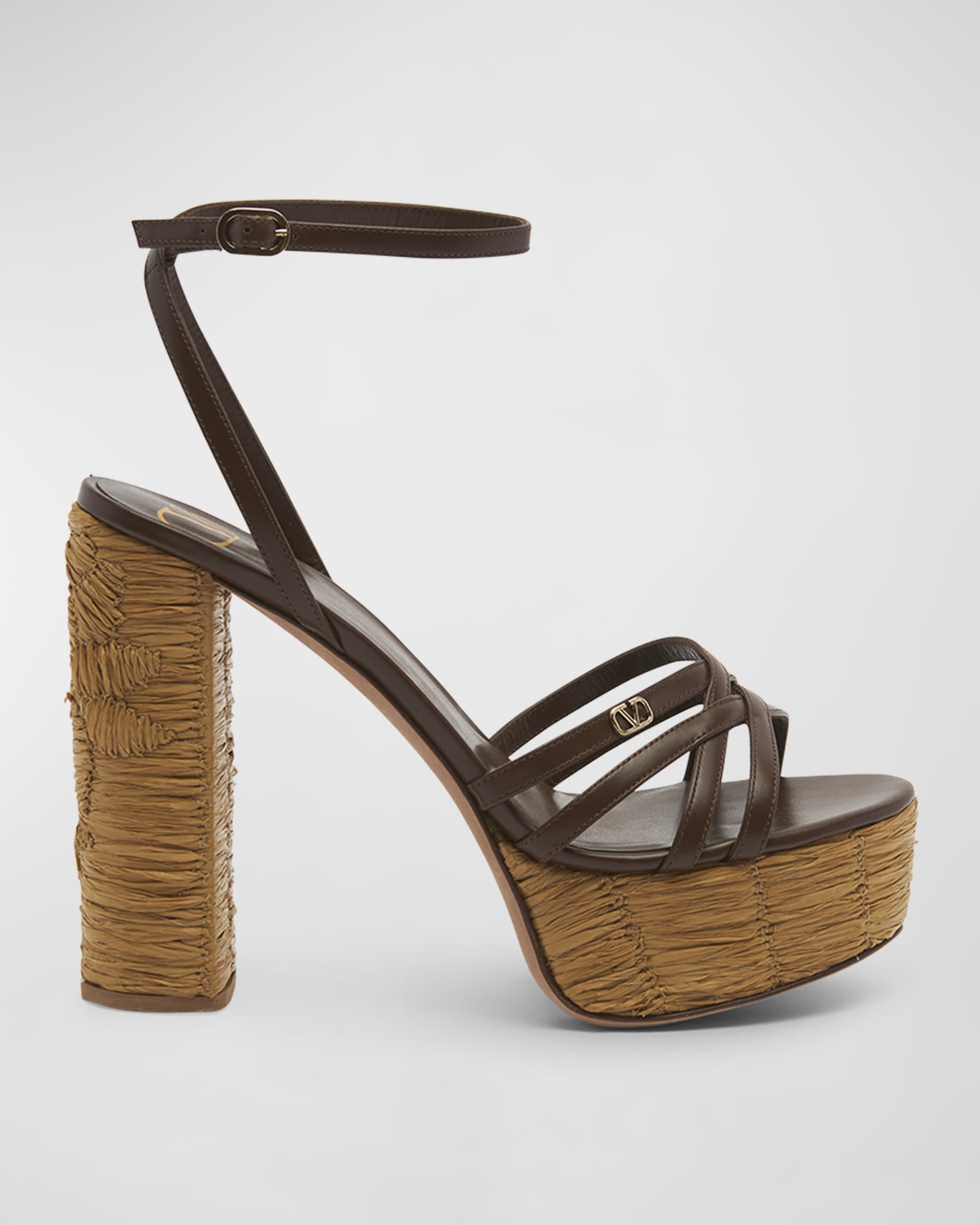 Valentino Raflower Raffia Ankle-Strap Platform Sandals | REVERSIBLE