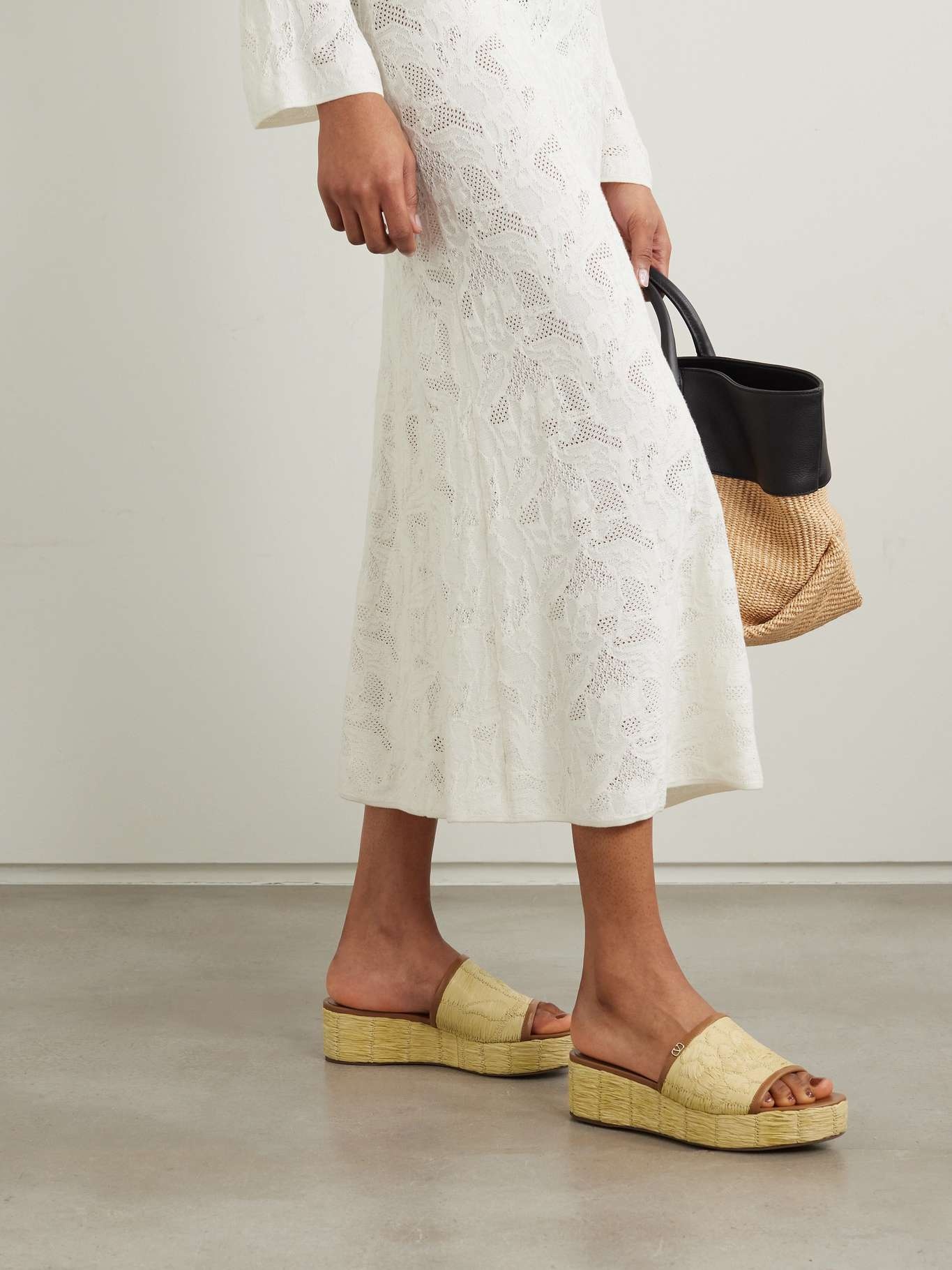 Valentino Raflower 45 leather-trimmed raffia platform slides | REVERSIBLE