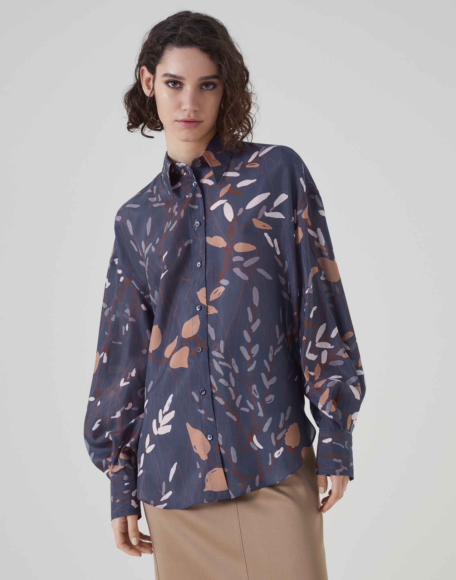 Brunello Cucinelli Ramage print silk pongee shirt with monili | REVERSIBLE