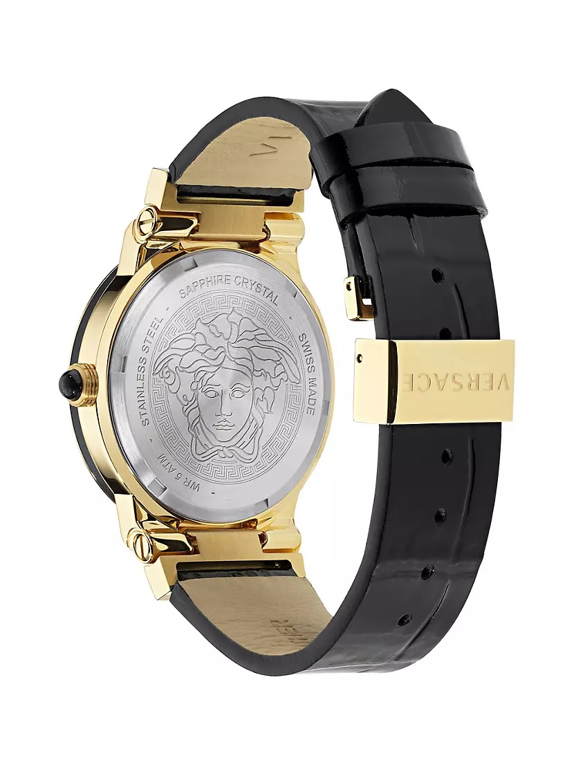 VERSACE Greca Logo Moonphase IP Yellow Gold & Leather Strap Watch/38MM ...