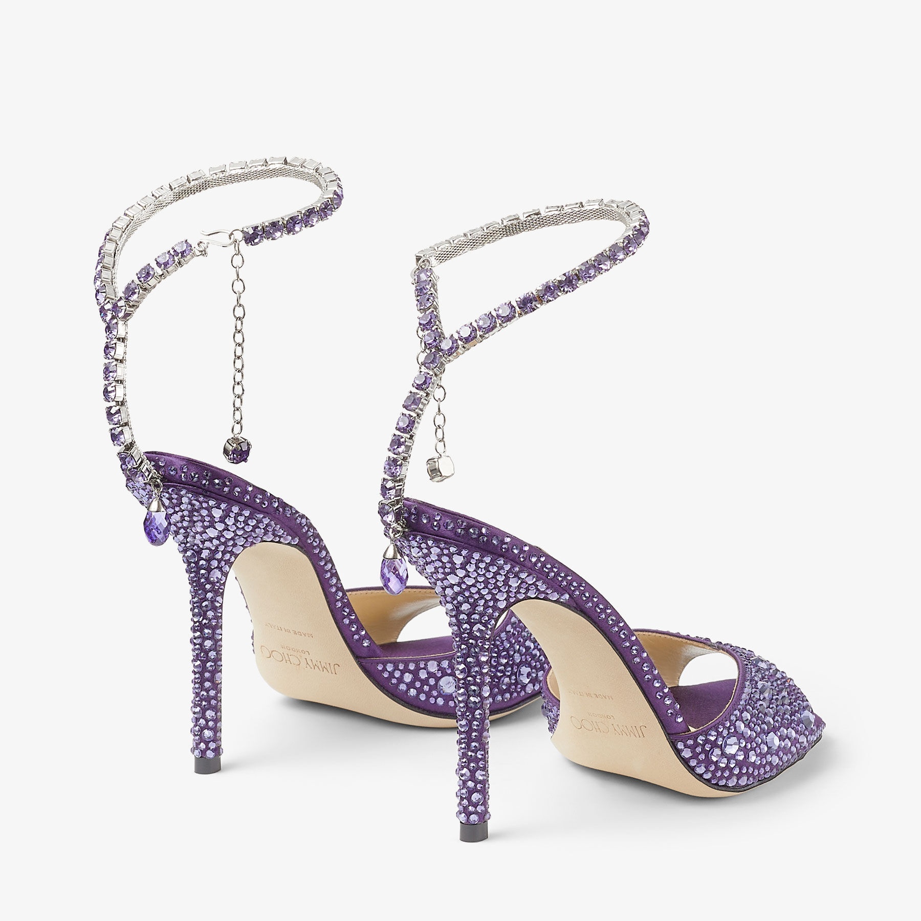 JIMMY CHOO Saeda Sandal 100 Cassis Satin Sandals with Crystal ...