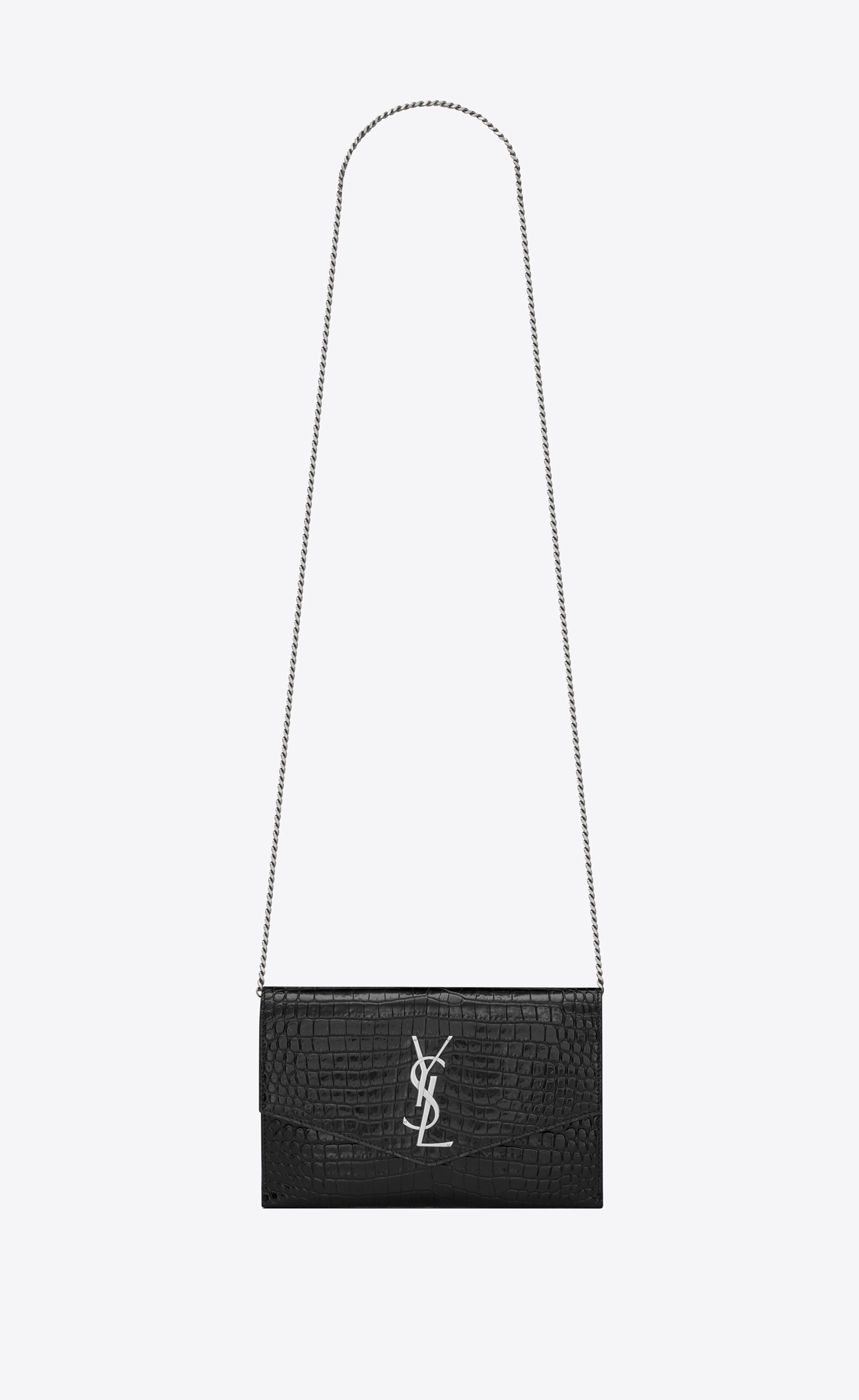 SAINT LAURENT uptown chain wallet in crocodile-embossed shiny leather ...