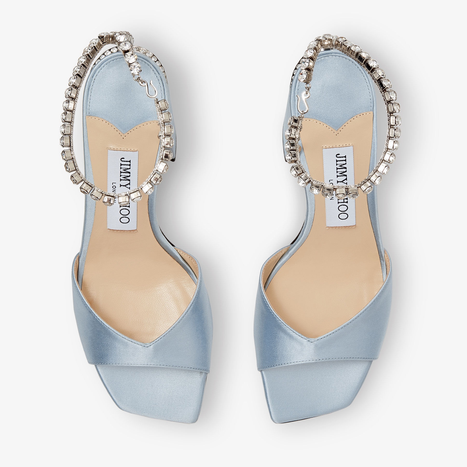 JIMMY CHOO Saeda Sandal Block Heel 85 Ice Blue Satin Block Heel Sandals ...