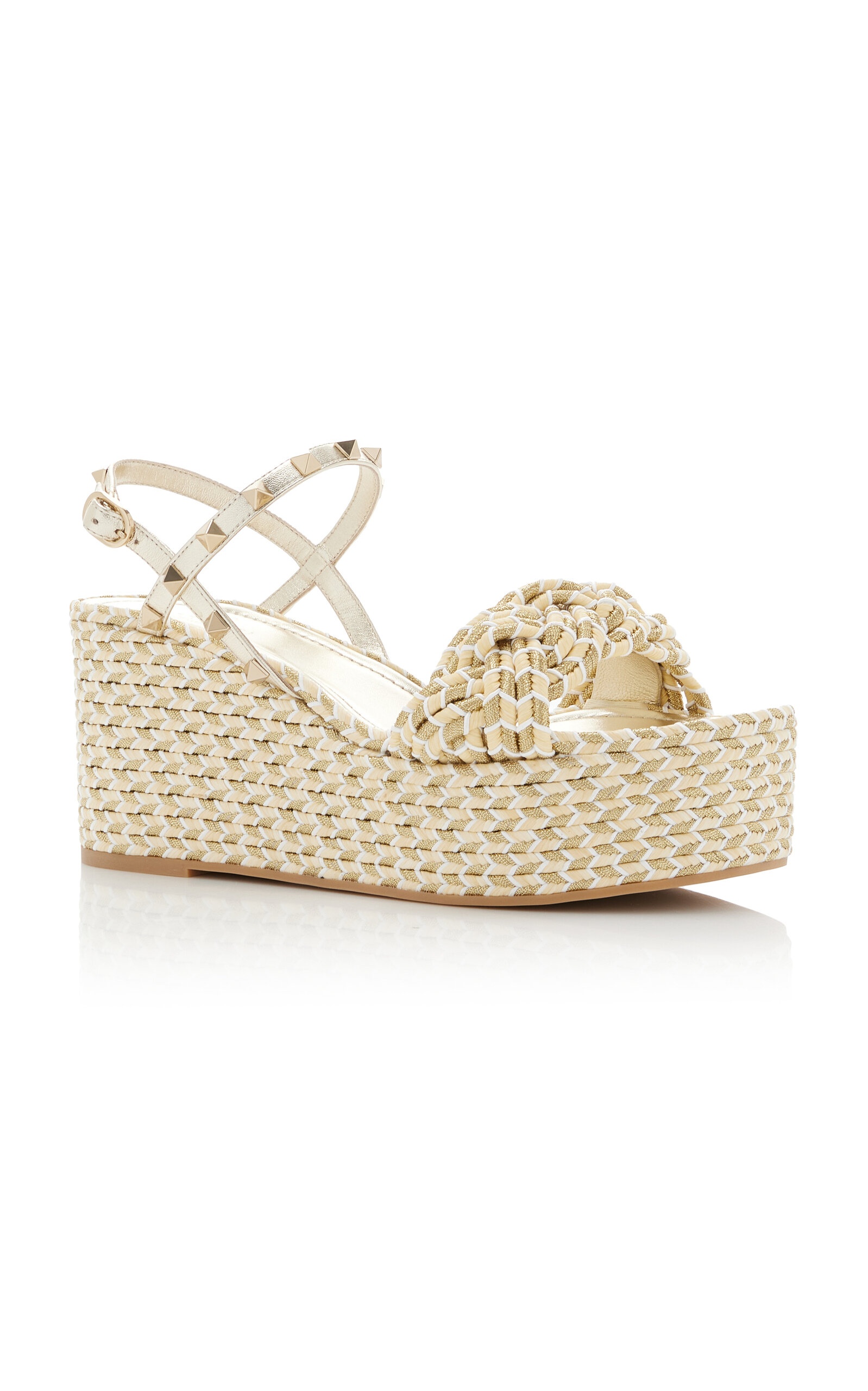 Valentino Rockstud Raffia Platform Wedge Espadrilles gold | REVERSIBLE