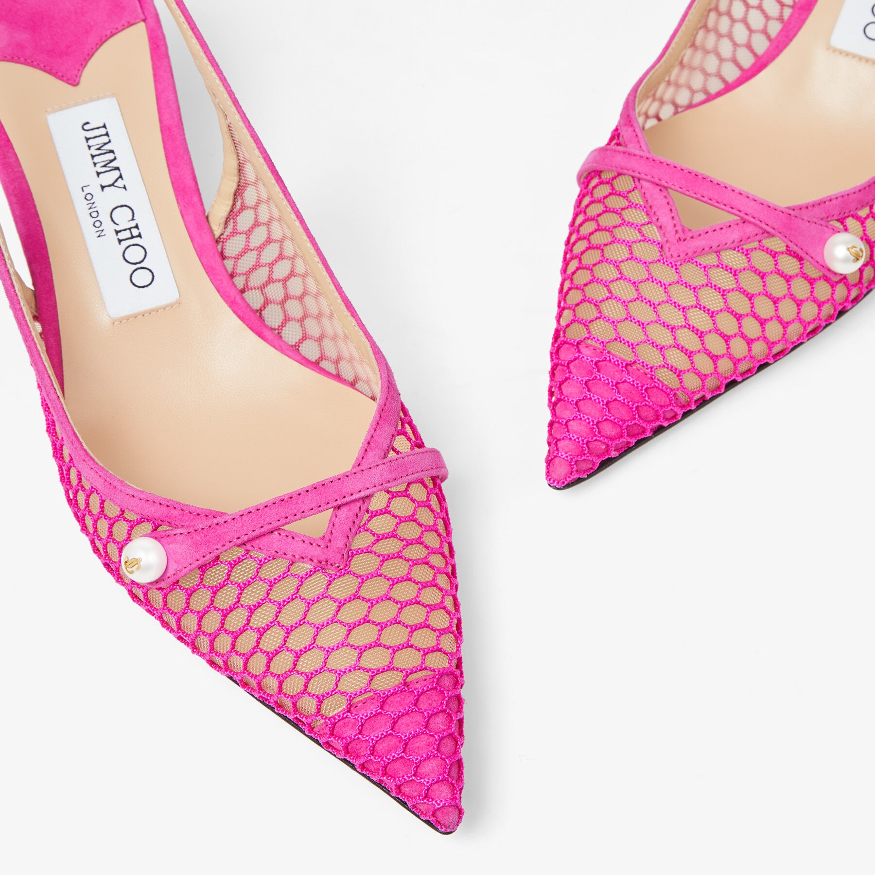 JIMMY CHOO Amita 45 Fuchsia Fishnet Mesh and Suede Slingback Pumps ...