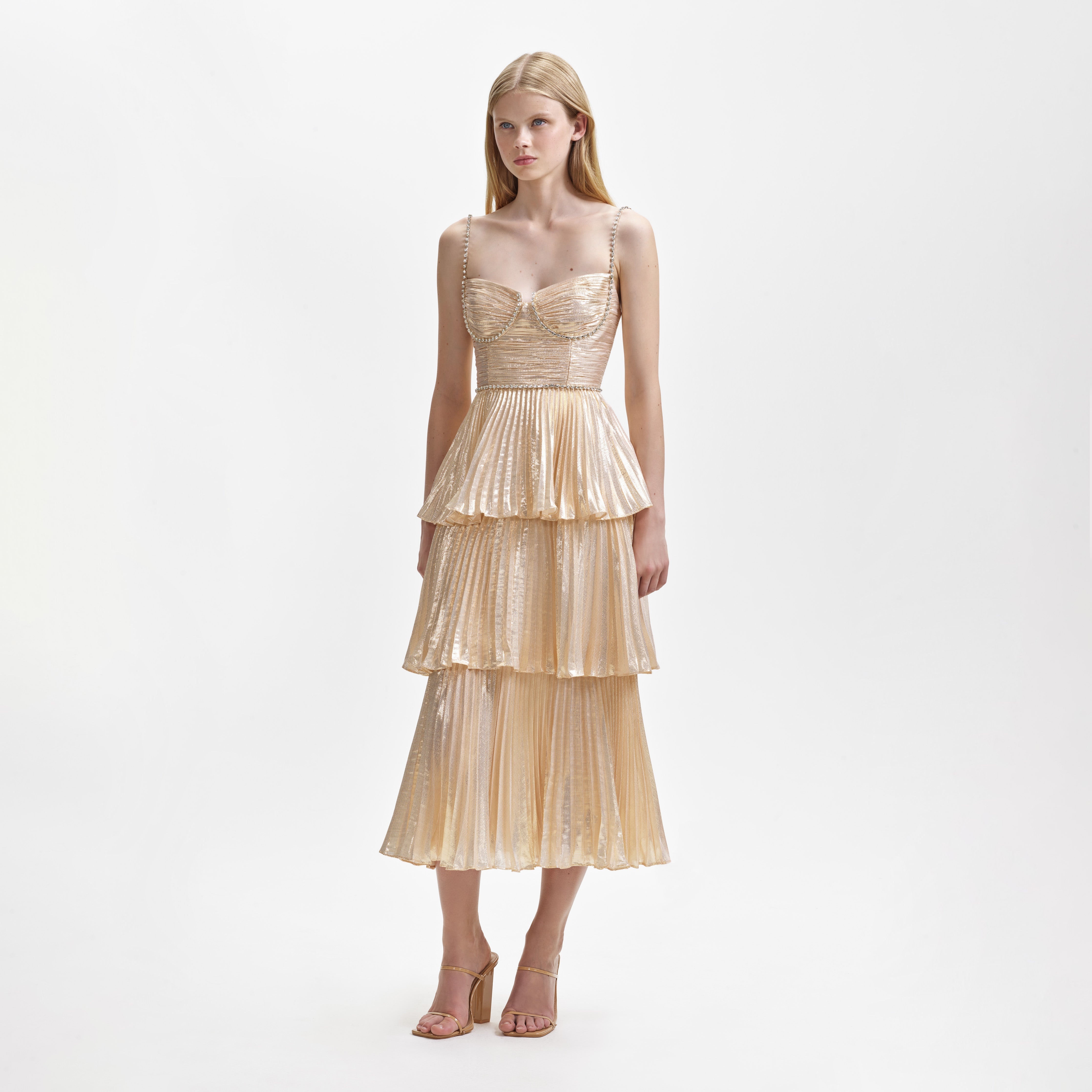 self-portrait Gold Metallic Tiered Midi Dress | REVERSIBLE self-portrait Gold Metallic Tiered Midi Dress | REVERSIBLE