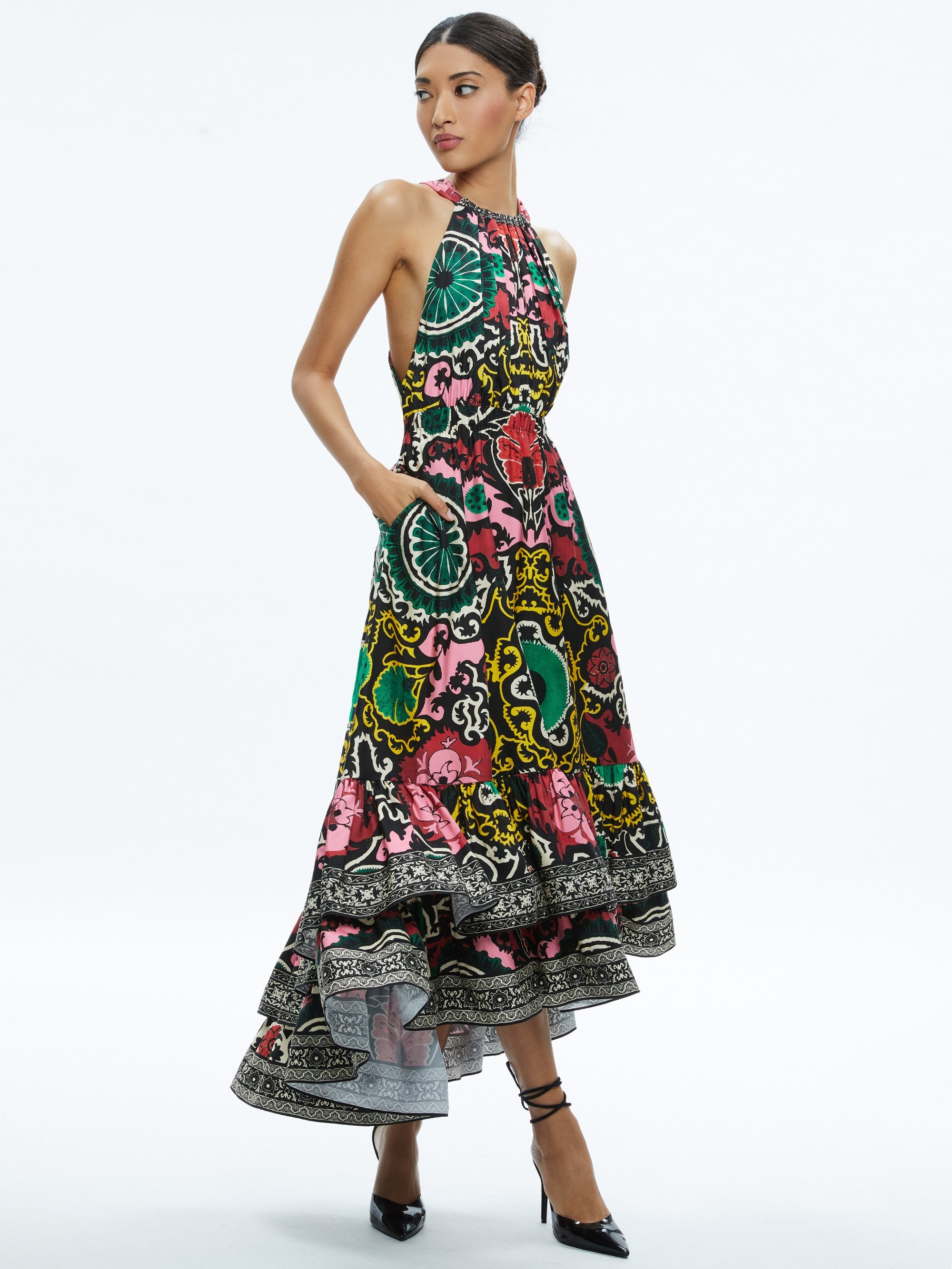 Alice + Olivia LOYCE TWIST BACK RUFFLE MAXI DRESS | REVERSIBLE
