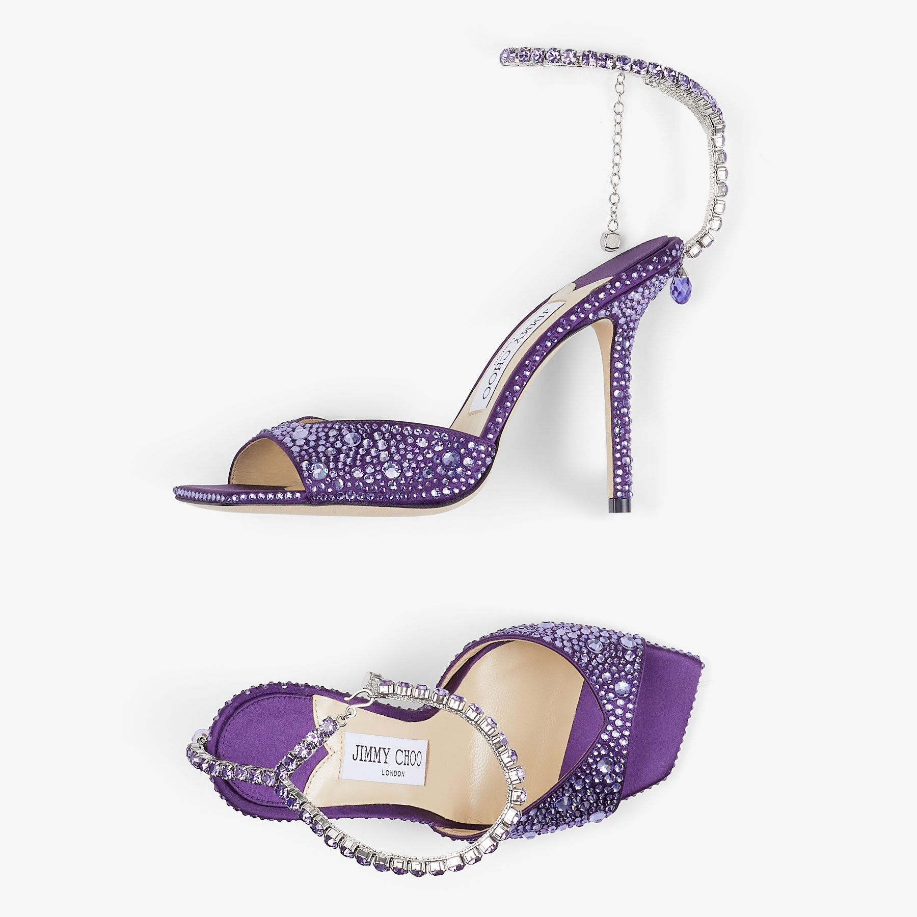 JIMMY CHOO Saeda Sandal 100 Cassis Satin Sandals with Crystal ...