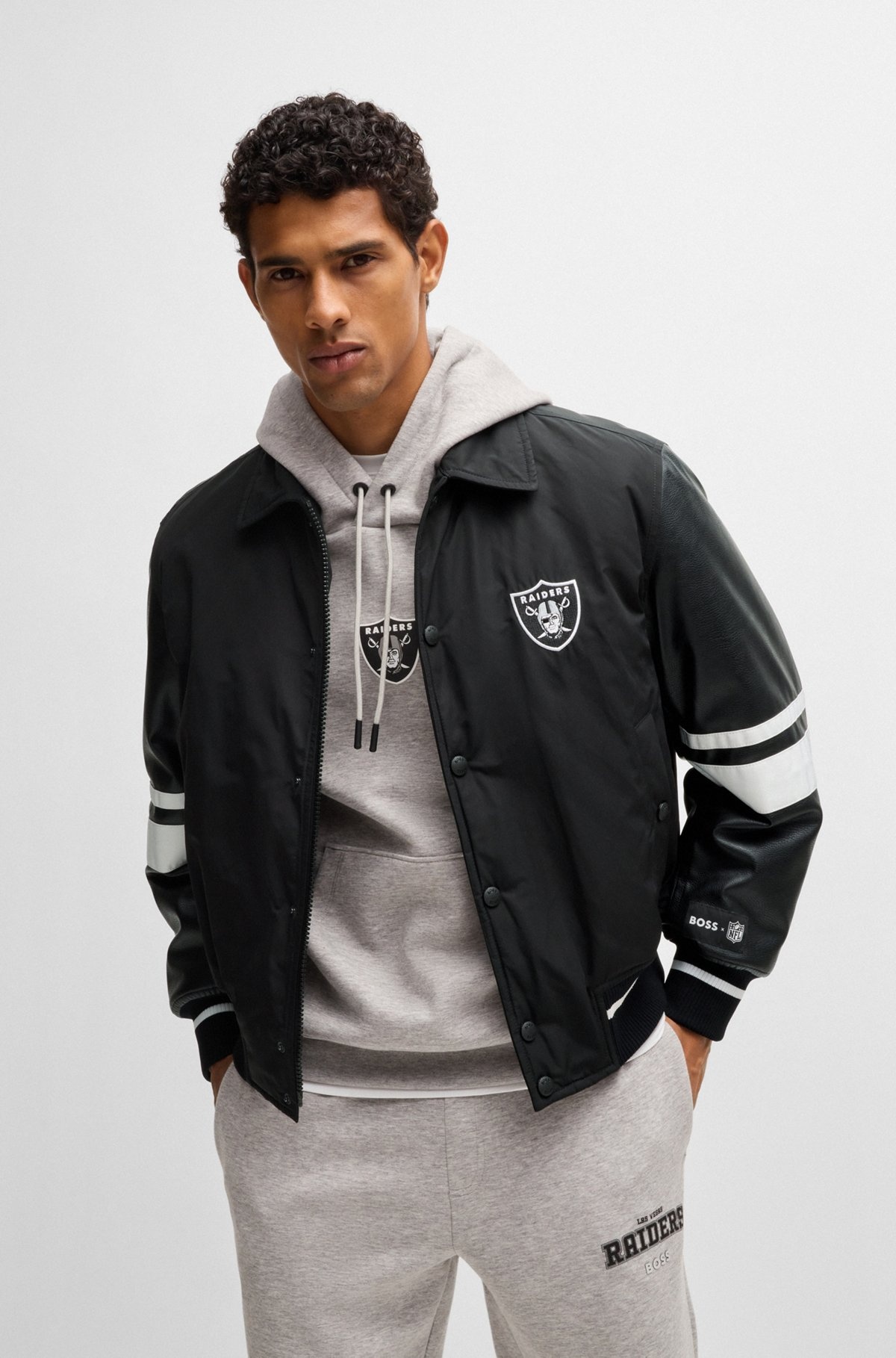 BOSS BOSS X NFL MIXED-MATERIAL JACKET WITH FAUX-LEATHER SLEEVES ...