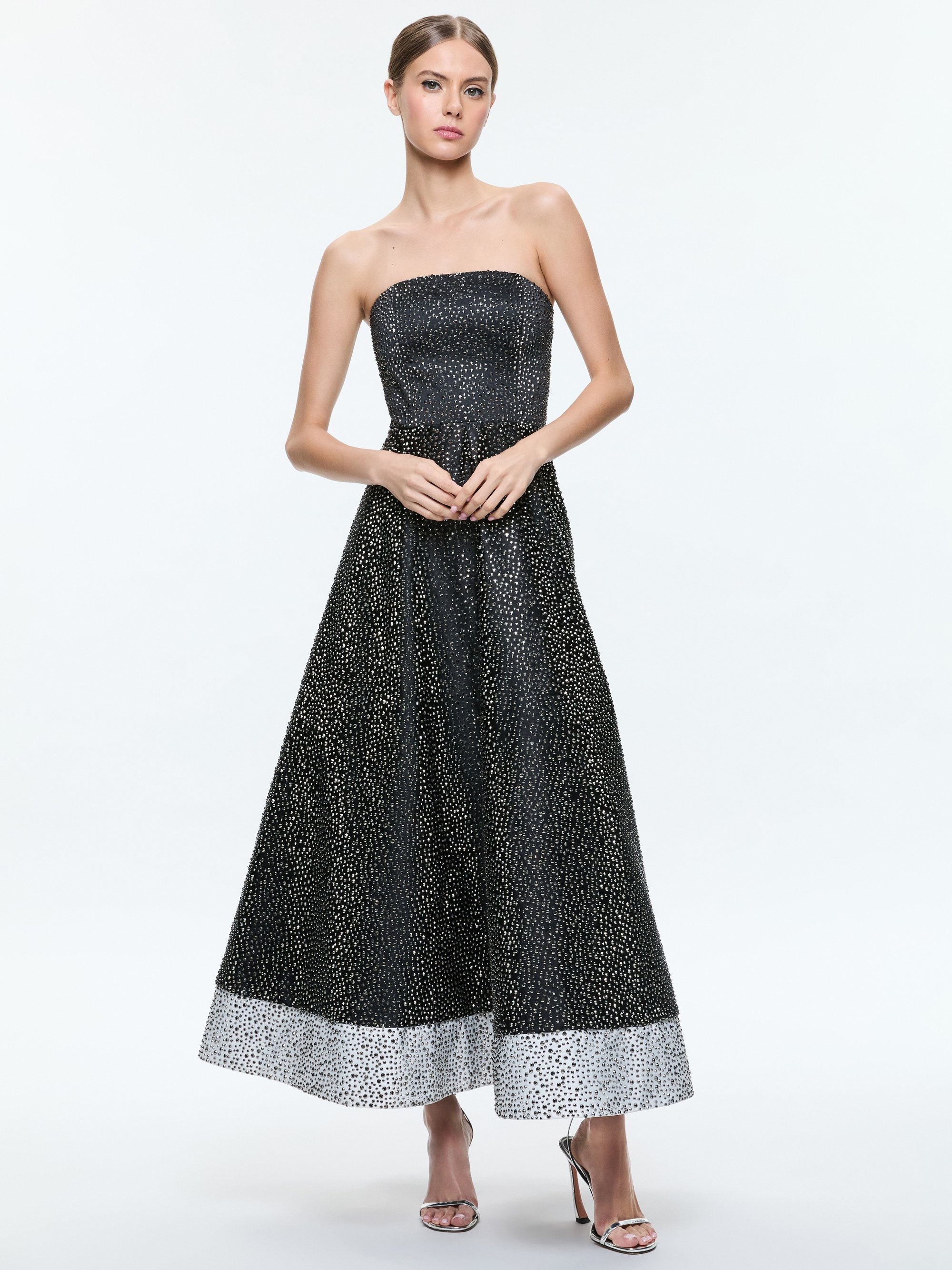 Alice + Olivia BIJOU CRYSTAL STRAPLESS MIDI GOWN | REVERSIBLE